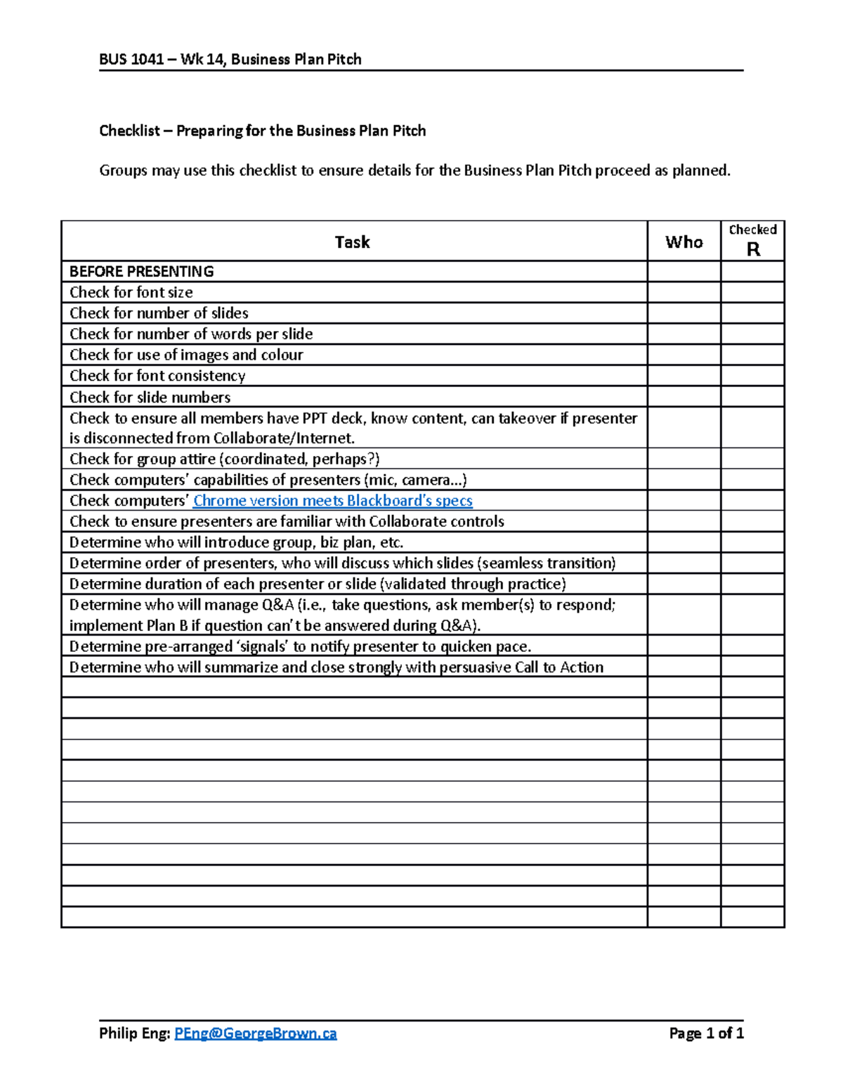 Checklist - ASSIGNMENT - BUS 1041 – Wk 14, Business Plan Pitch ...
