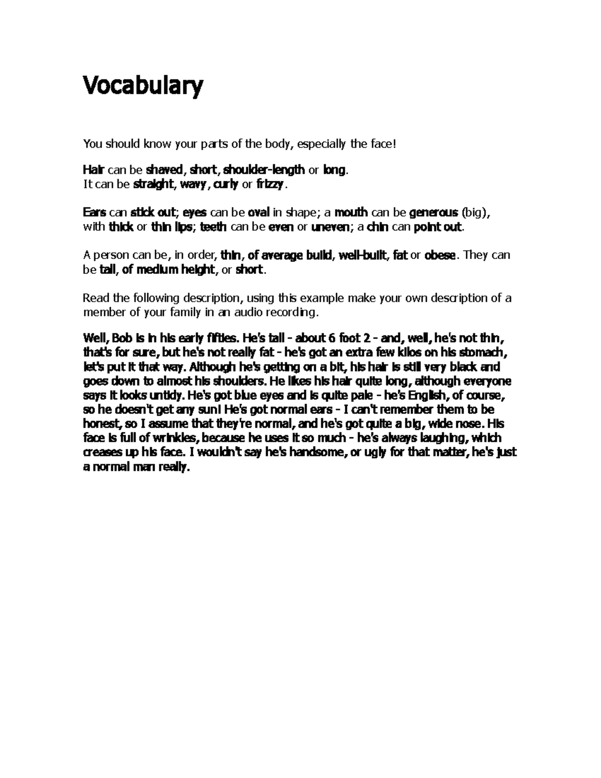 Describing someone's features - Vocabulary You should know your parts ...