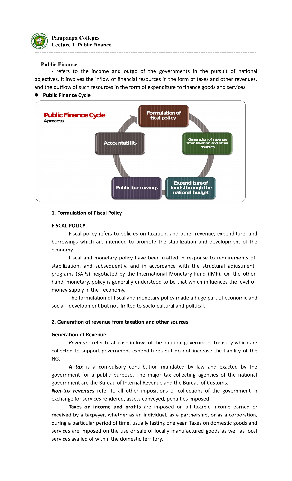 Public Finance Lecture 1 - Pampanga Colleges Lecture 1 _Public Finance ...