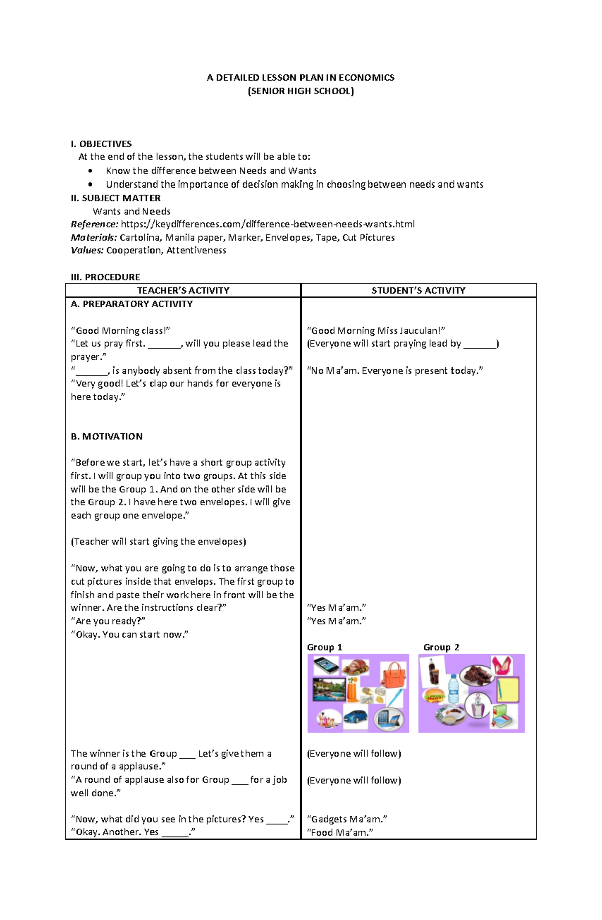 Document lesson plan - A DETAILED LESSON PLAN IN ECONOMICS (SENIOR HIGH ...