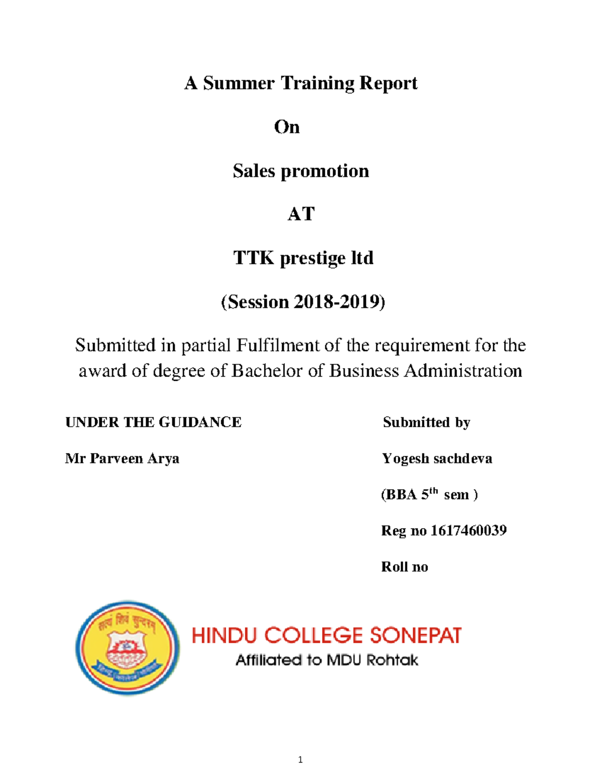 402144303 bba 5th sem summer training report Repaired docx - A Summer Training Report On Sales ...