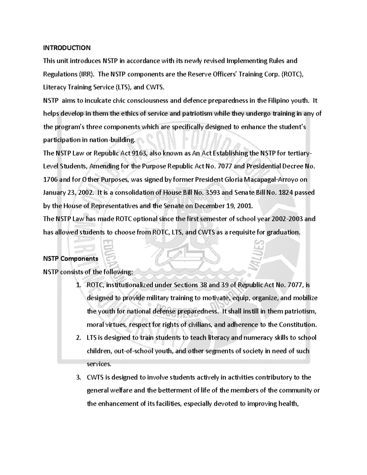 NSTP CWTS 1 Unit 1 Discussion - INTRODUCTION This unit introduces NSTP ...