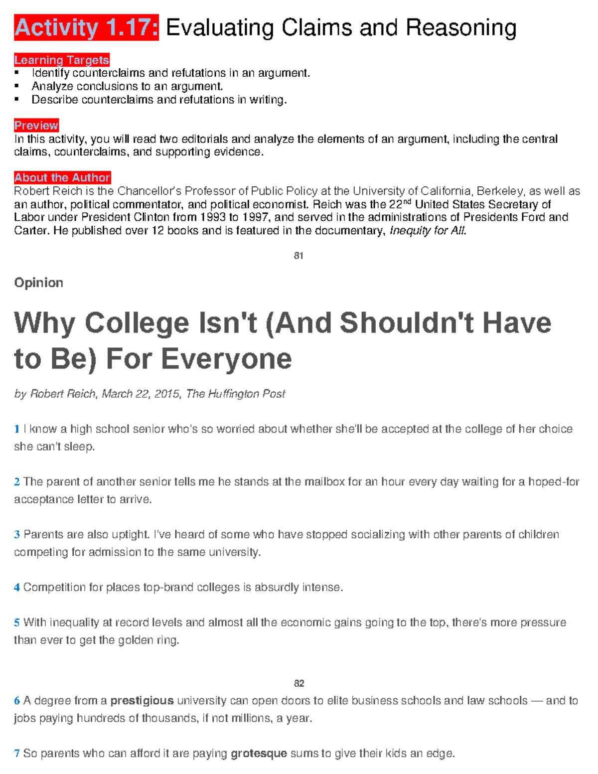 1.17 Evaluating claims and Reasoning - Activity 1: Evaluating Claims ...