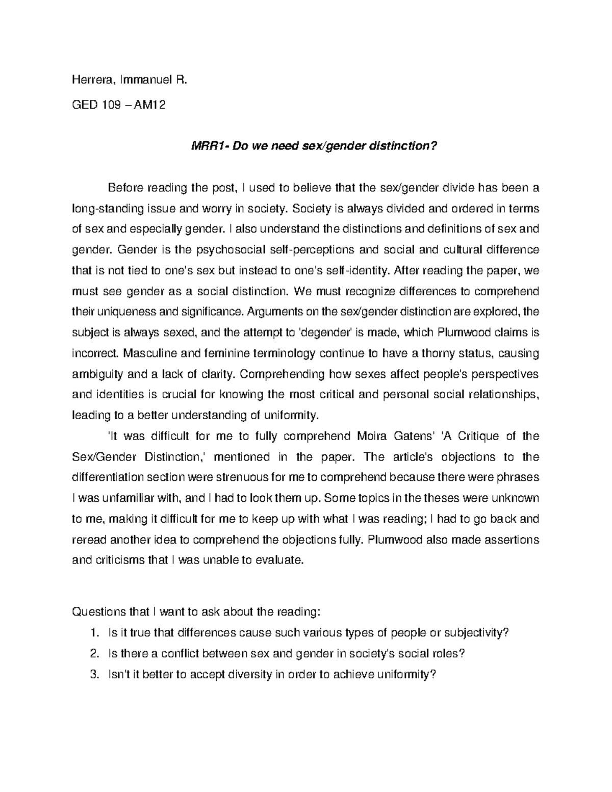 Herrera Mrr1 This Activity Talks About Do We Need Sex Gender