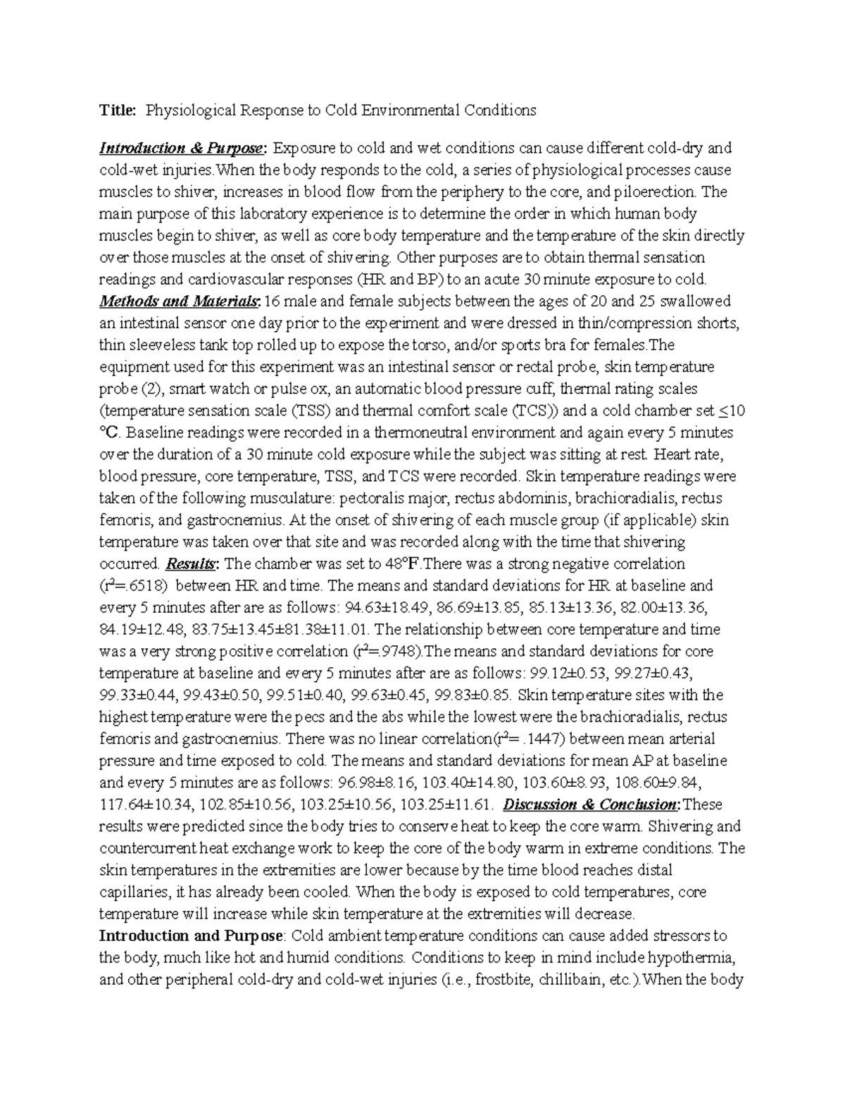 Lab 7 Cold Lab - summary of cold lab exposure experiment, background ...