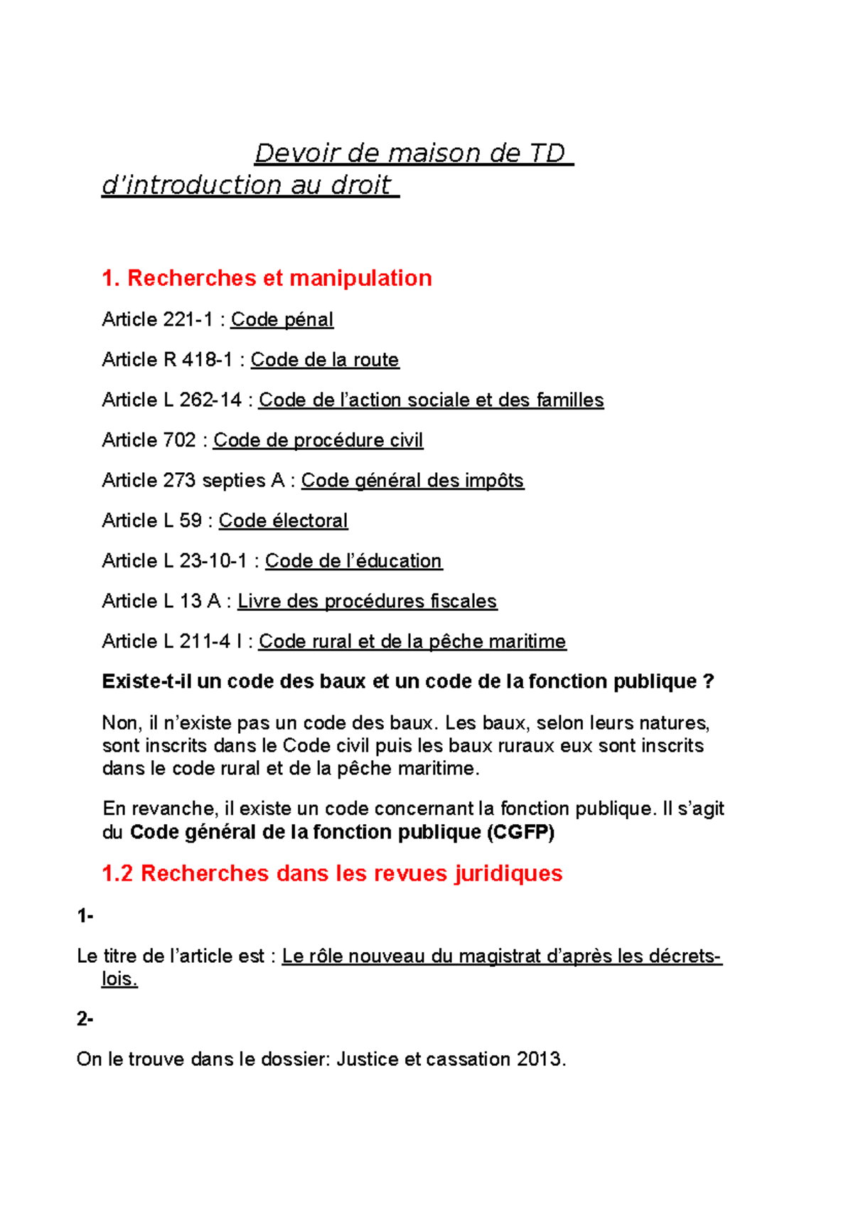Devoir de maison Intro au droit - Devoir de maison de TD d’introduction au droit 1. Recherches ...