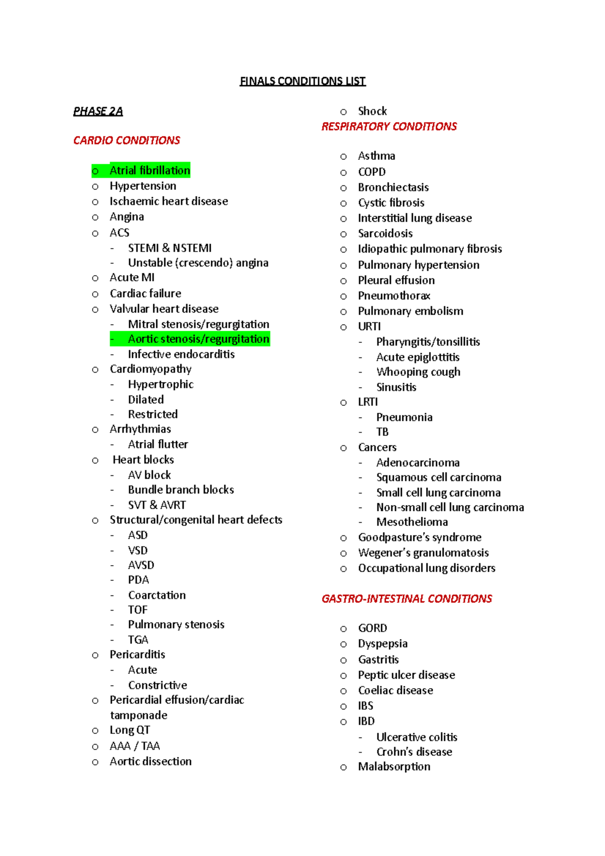 Finals Conditions List - list for all specialities - MED101 - Sheffield ...