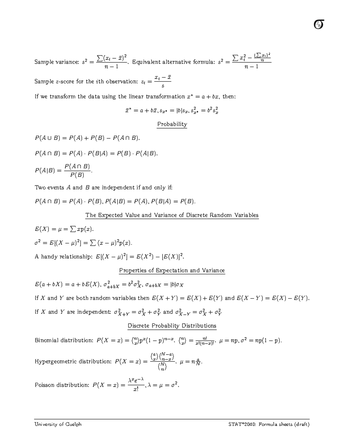 2040 W24 T2 formulas - Sample variance: s 2 = ∑ (xi − x ̄) 2 n − 1 ...