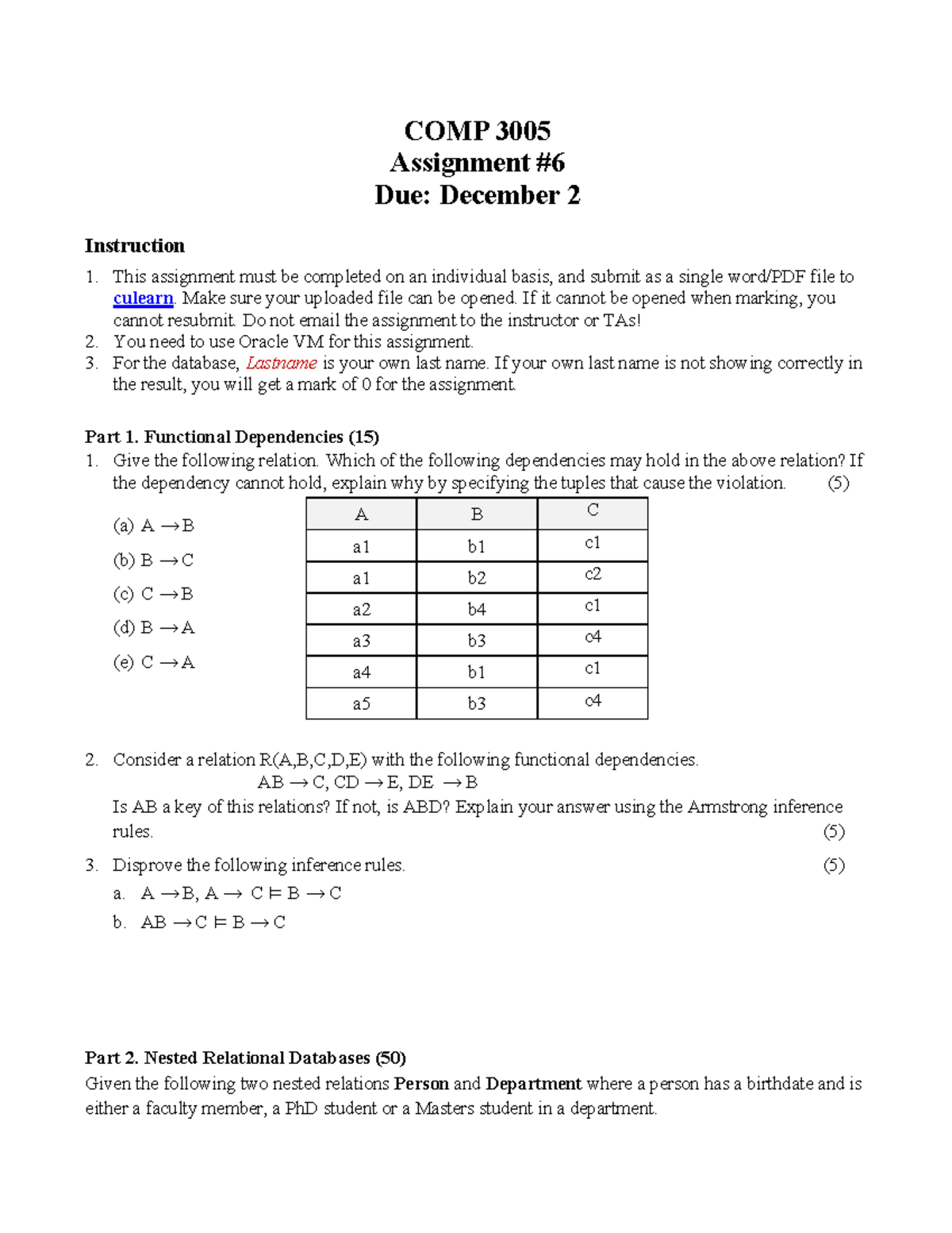 20F-A6 - assignment 6 - COMP 3005 Assignment Due: December 2 ...