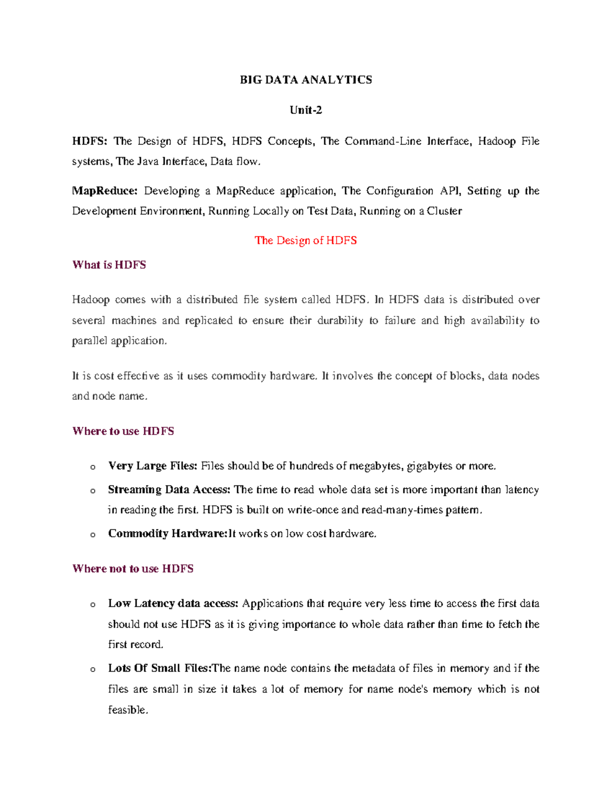 Big Data Analytics Unit 2 - BIG DATA ANALYTICS Unit- HDFS: The Design of HDFS, HDFS Concepts ...