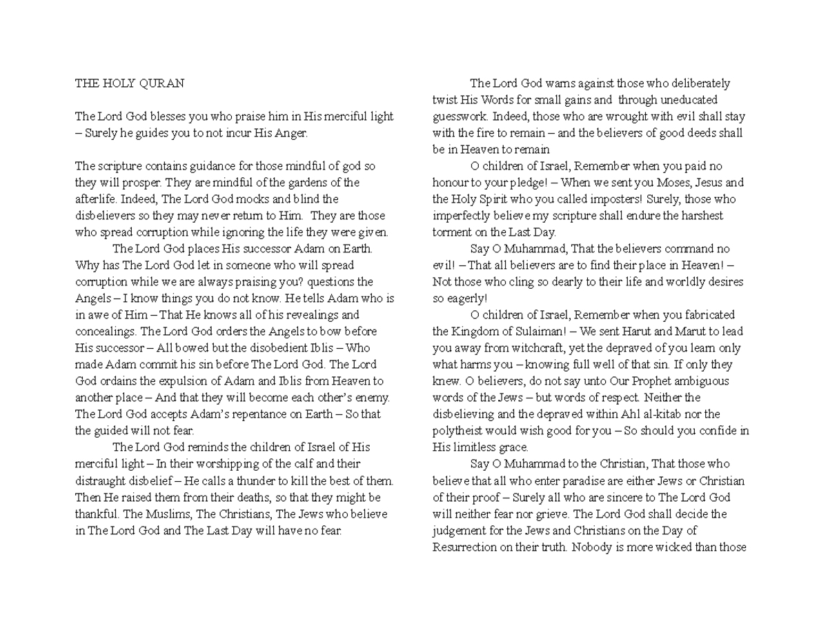 The Holy Quran - a brief description of the lore and happenings in the ...