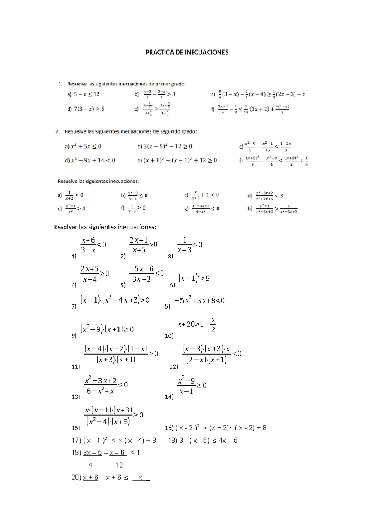 Inecuaciones lineales - cuadraticas - fraccionarias - PRACTICA DE INECUACIONES Resolver las ...