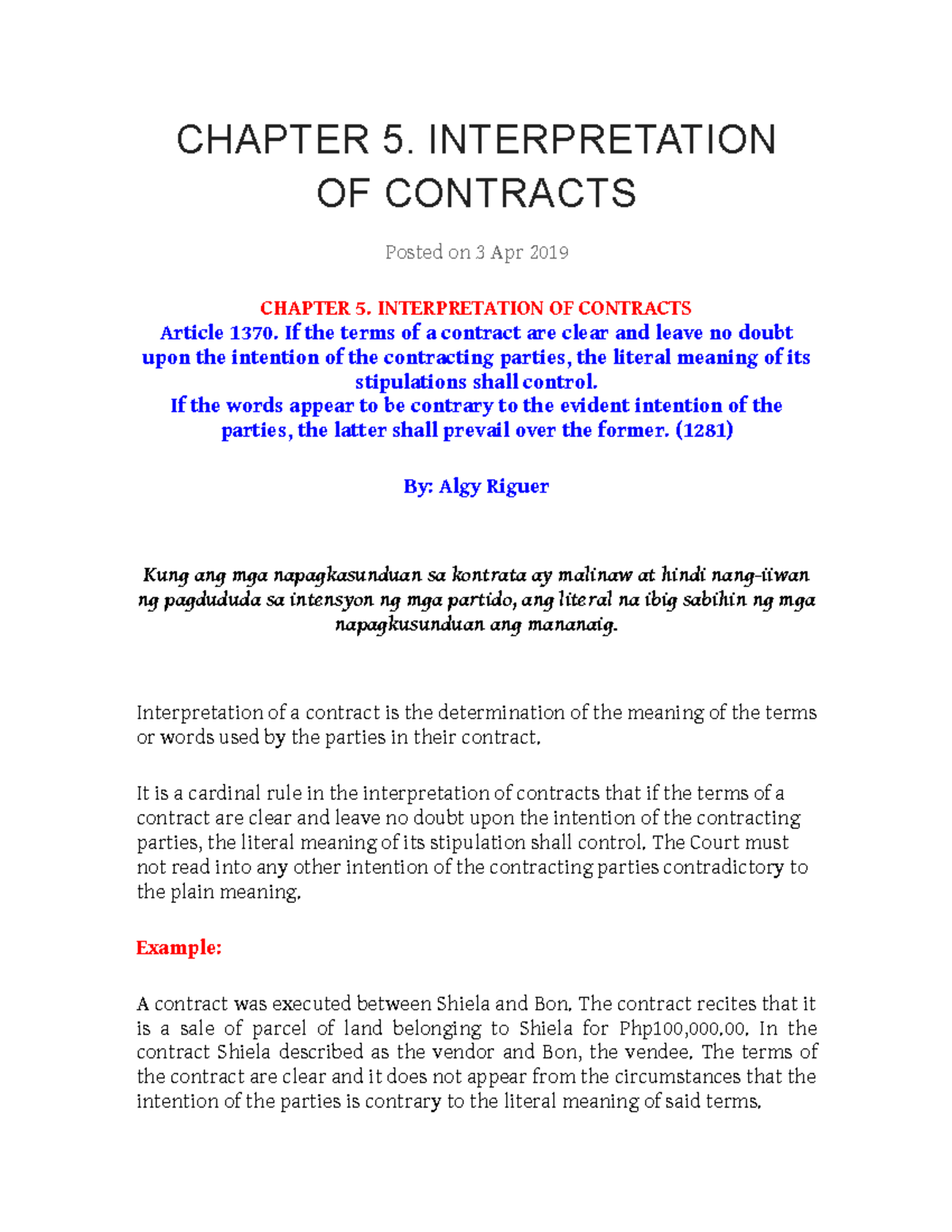 Chapter 5. Interpretation OF Contracts – Obligations AND Contracts - CHAPTER 5. INTERPRETATION ...