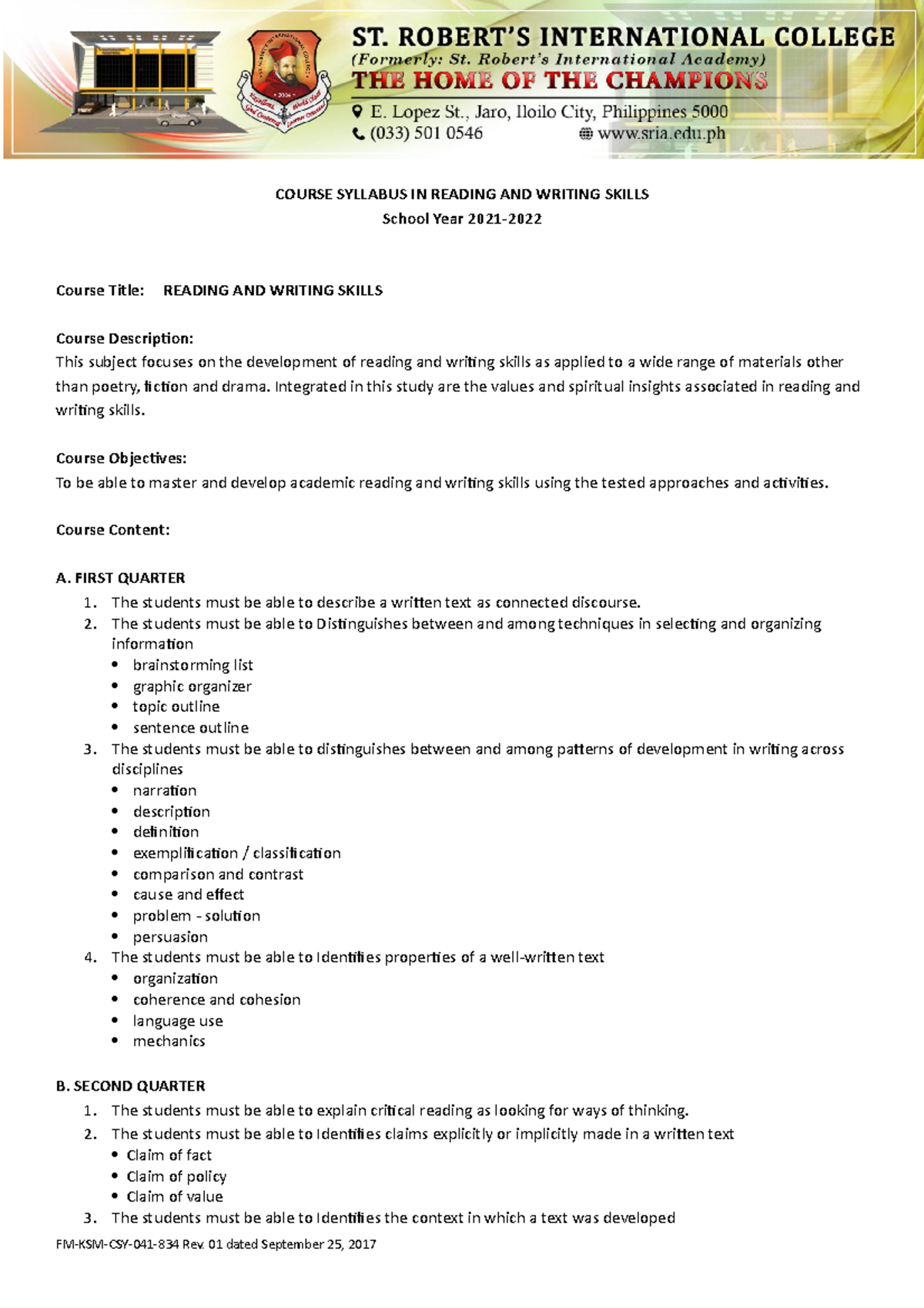 Reading& Writing- Course Syllabus-BY CRIS Lariosa - COURSE SYLLABUS IN ...