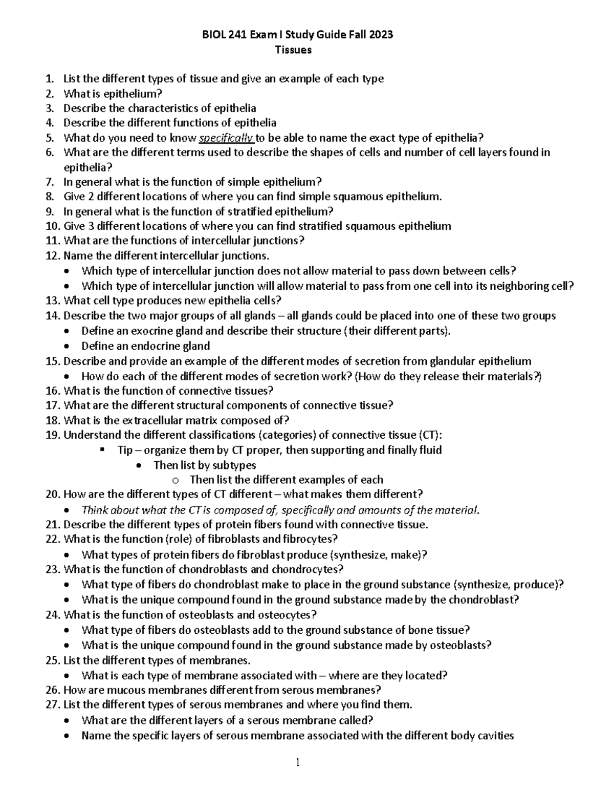 Exam 1 Study guide Tissues and Integument F23 - 1 BIOL 241 Exam I Study ...