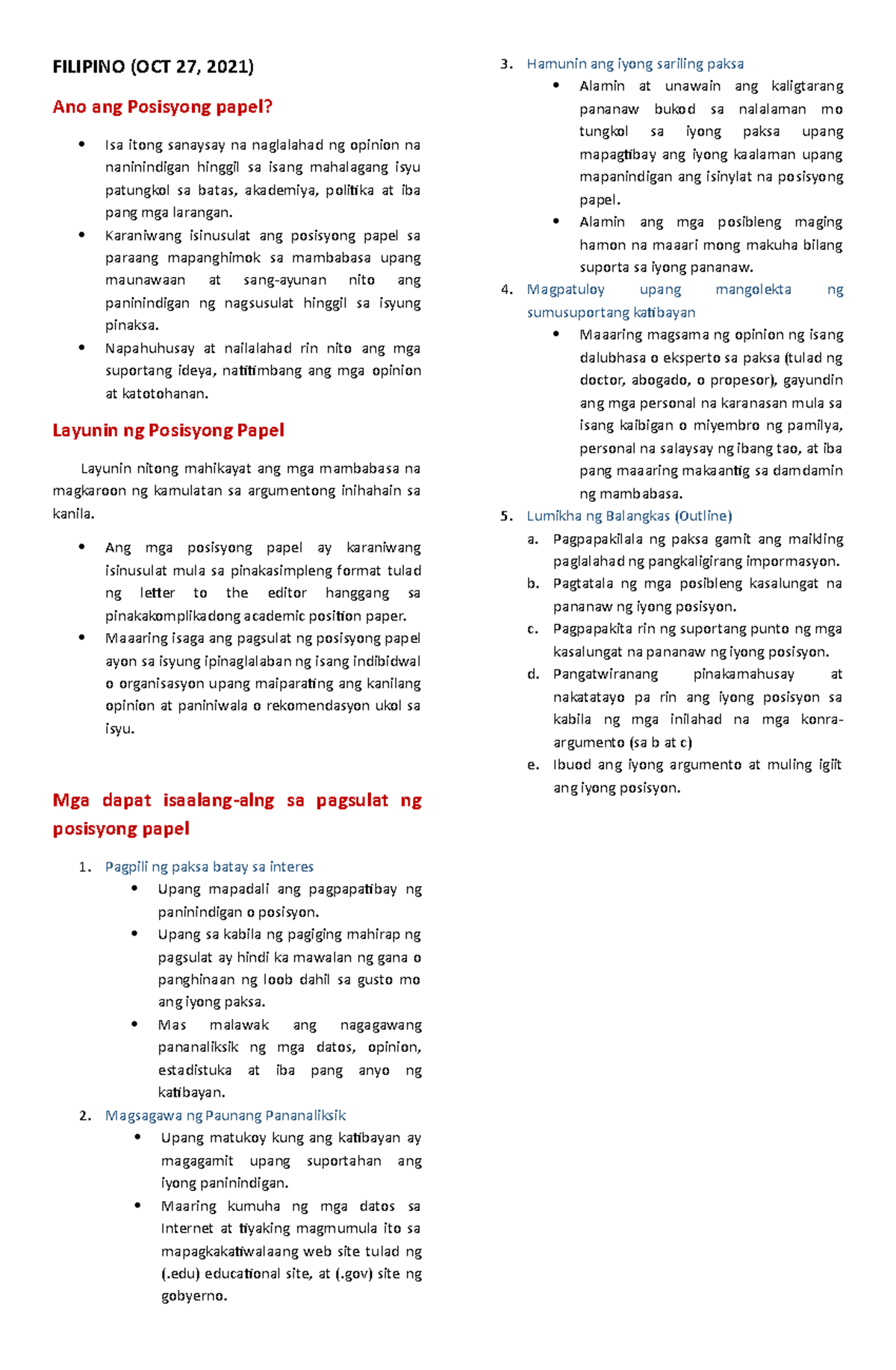 Posisyong-papel-lesson - FILIPINO (OCT 27, 2021) Ano ang Posisyong ...