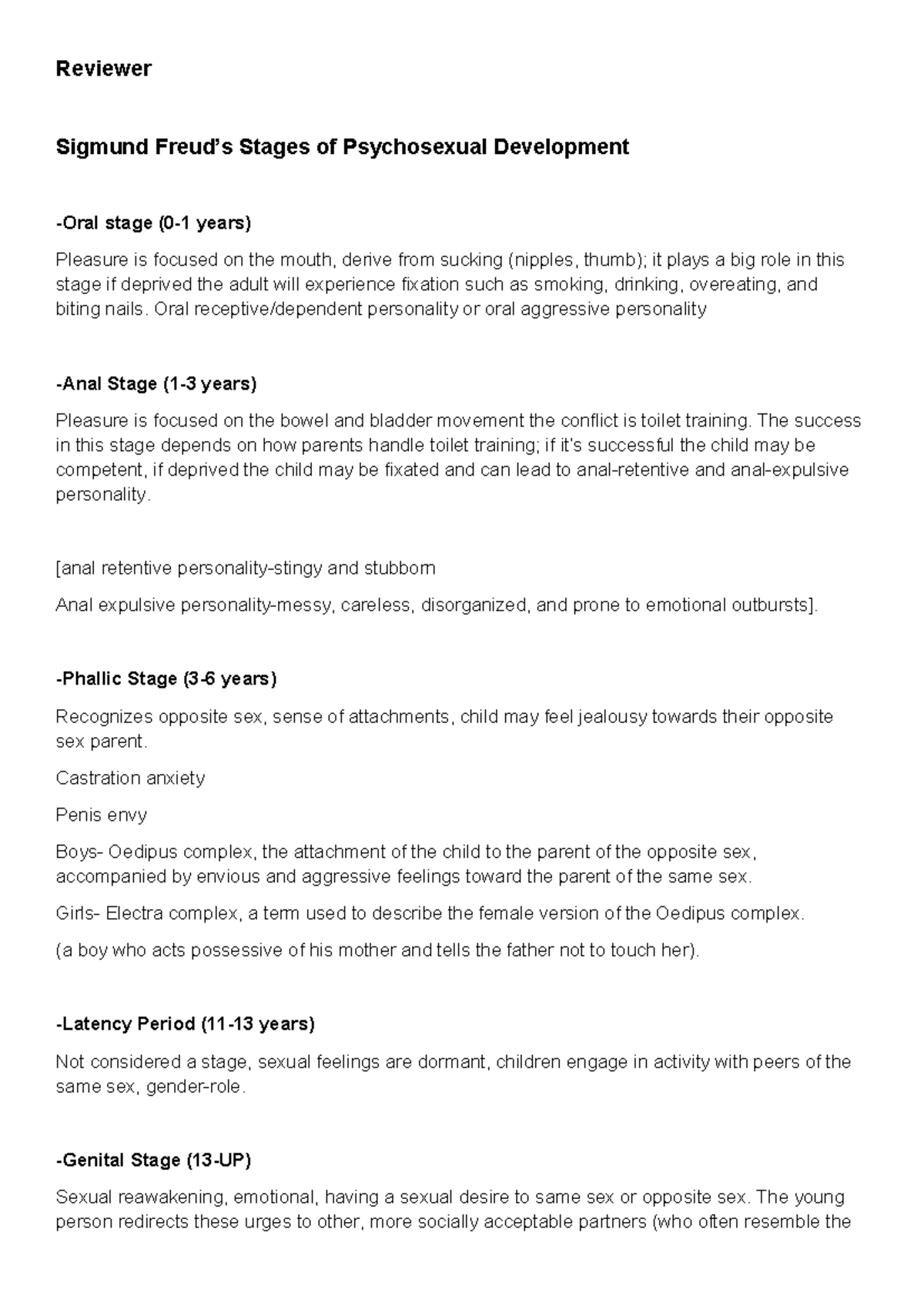DEV Psych Reviewer - Reviewer Sigmund Freud’s Stages of Psychosexual ...