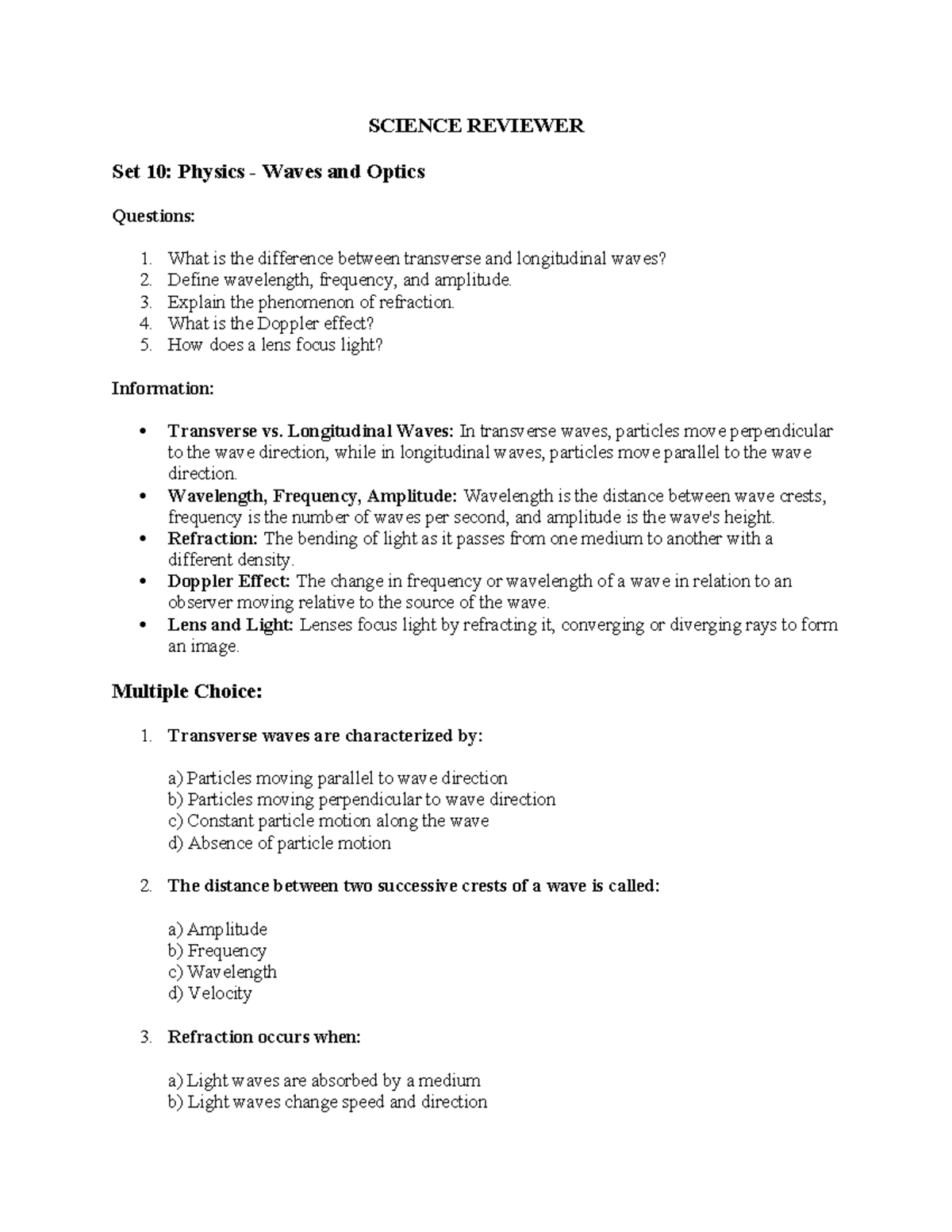 Science Reviewer 10 - SCIENCE REVIEWER Set 10: Physics - Waves and ...