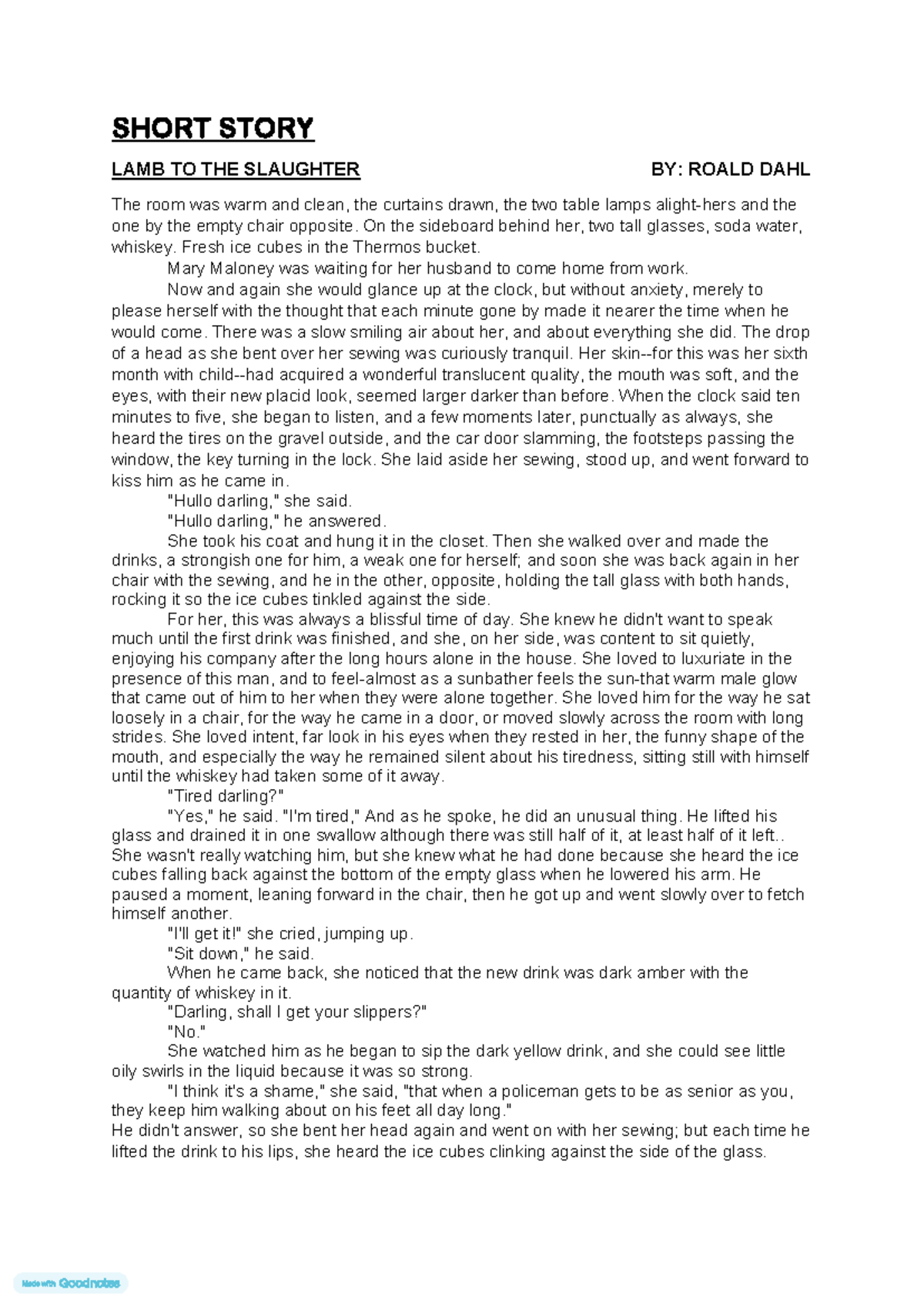 LAMB TO THE Slaughter - …….. - SHORT STORY LAMB TO THE SLAUGHTER BY ...