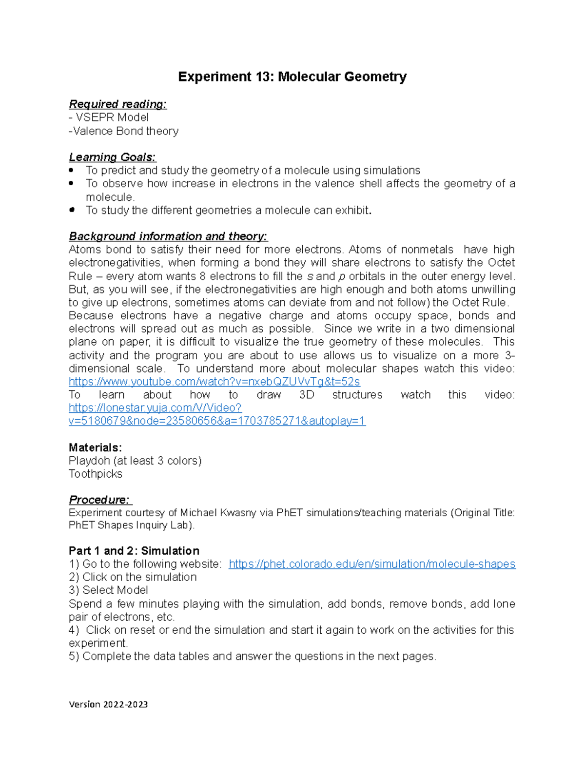 Experiment 13- Molecular Geometry 2022 - Experiment 13: Molecular Geometry Required reading ...