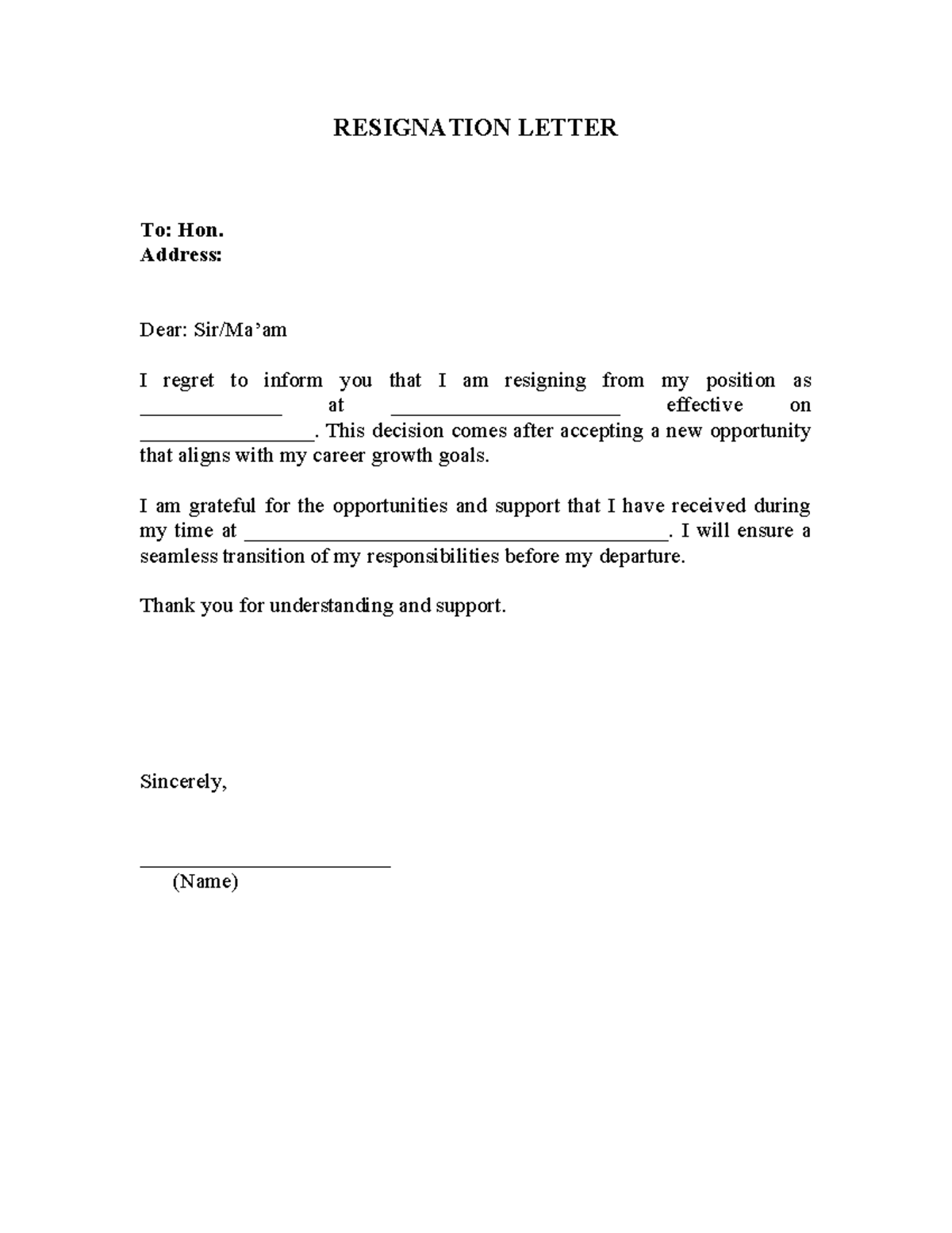 Resignation Letter - RESIGNATION LETTER To: Hon. Address: Dear: Sir/Ma ...