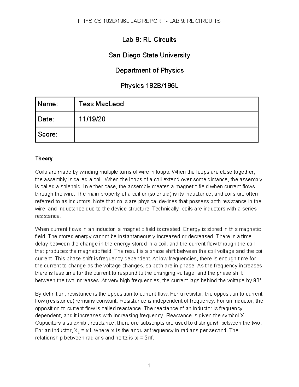 Physics 182B Lab: Lab 9 Circuits - Lab 9: RL Circuits San Diego State ...