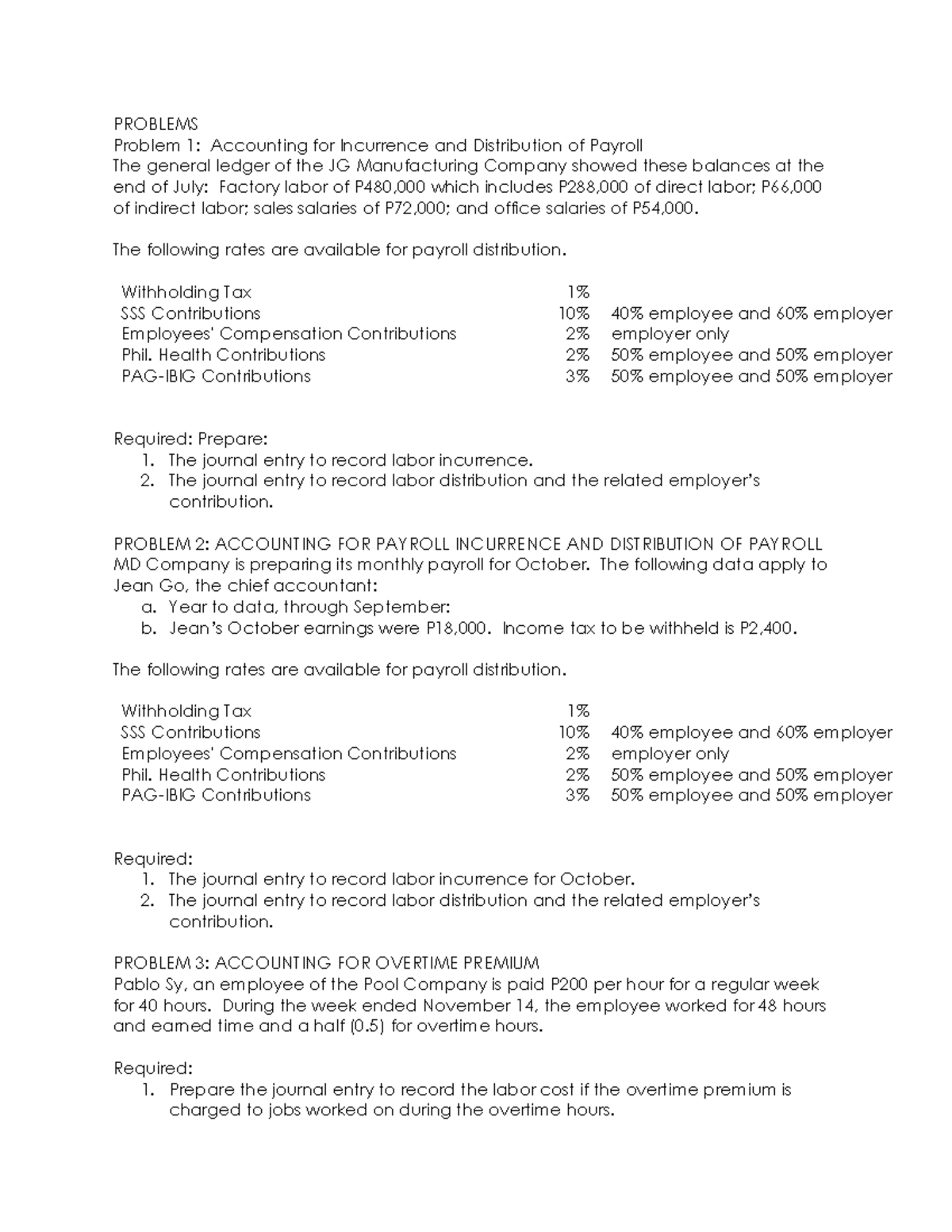 Module V Labor Problems - PROBLEMS Problem 1: Accounting for Incurrence ...