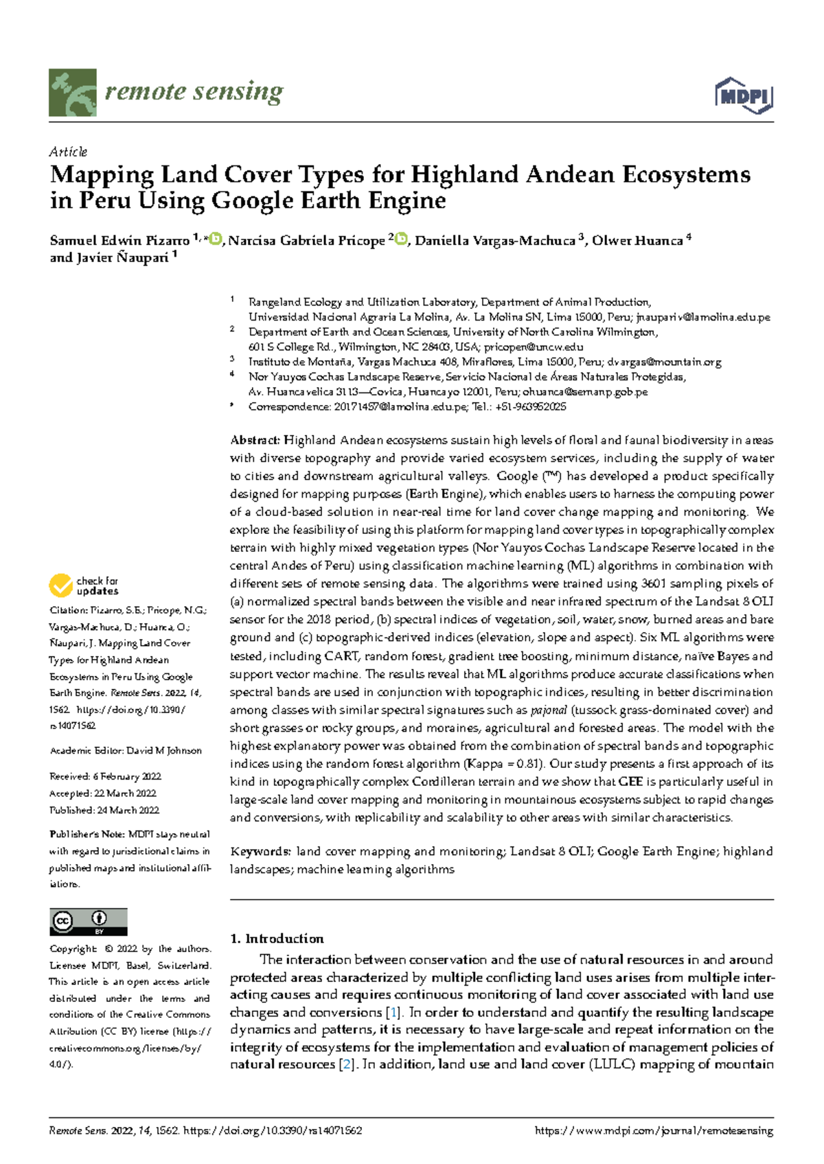 Mapping Land Cover Types for Highland An - Citation: Pizarro, S ...