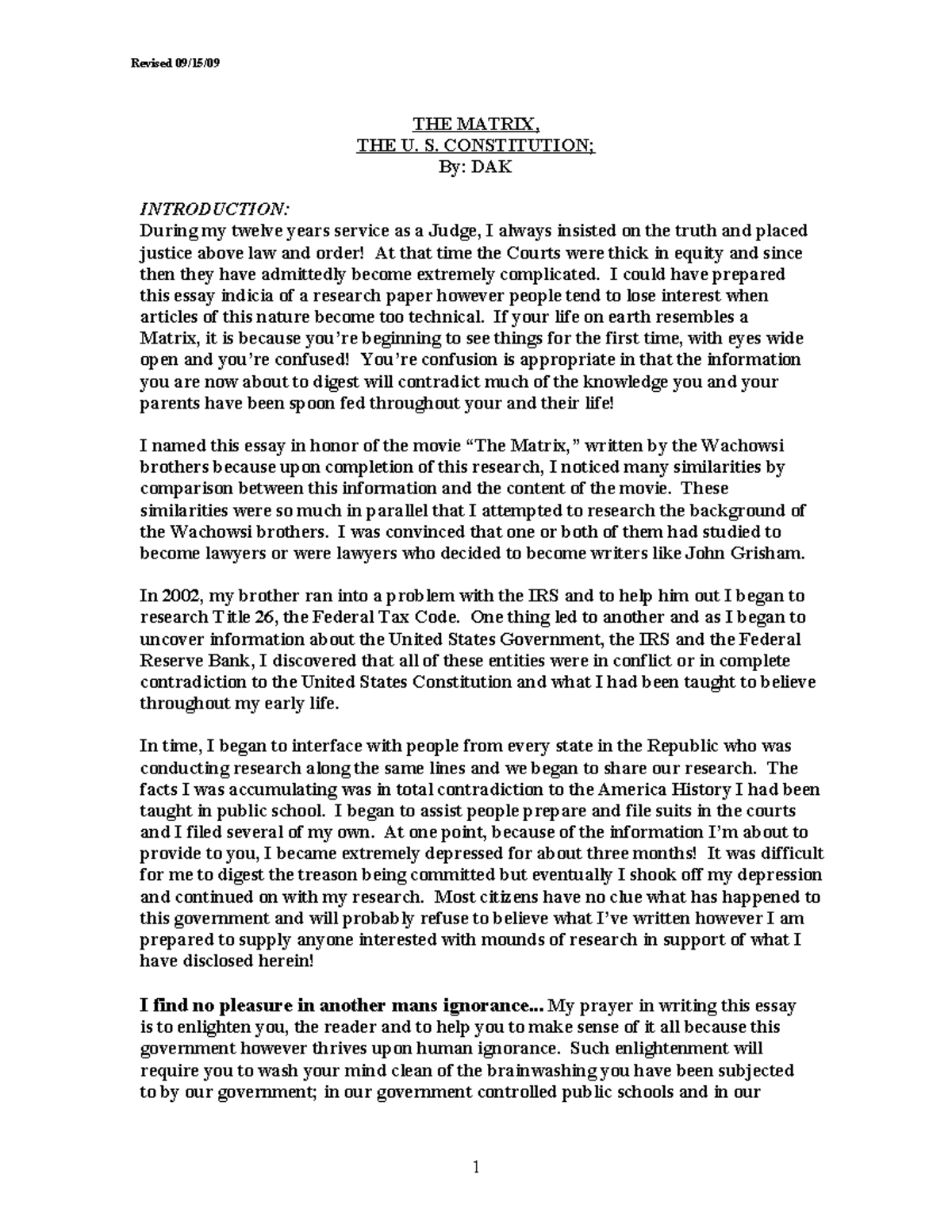 The Matrix and the US Constitution - THE MATRIX, THE U. S. CONSTITUTION; By: DAK INTRODUCTION ...