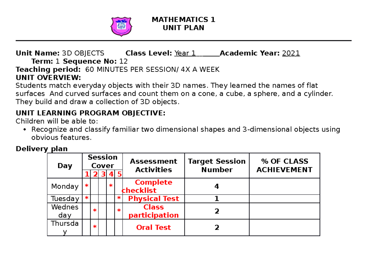 MATH1 T1 WK12-3D Objects - MATHEMATICS 1 UNIT PLAN Unit Name: 3D ...