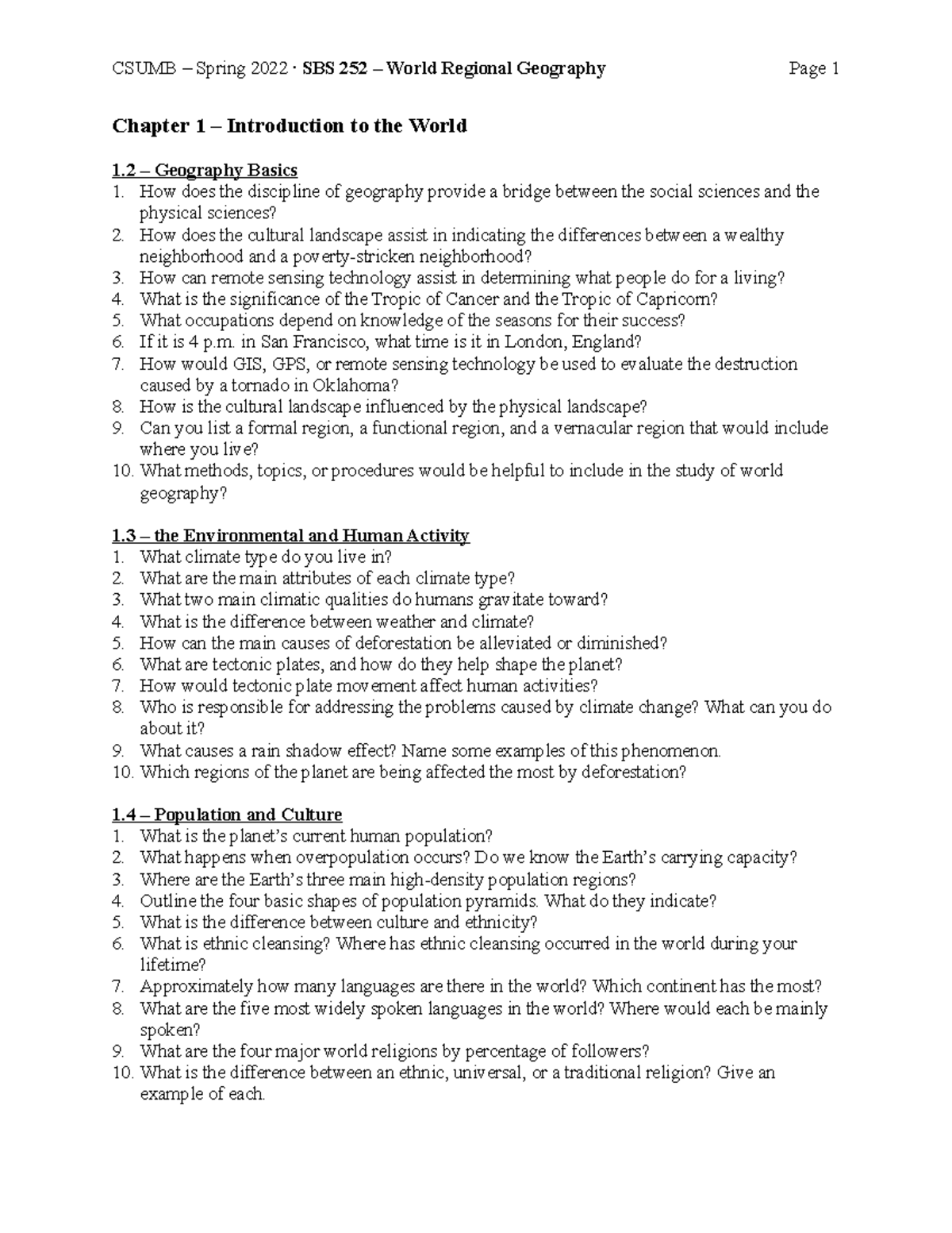 Ch 1 study questions - CSUMB – Spring 2022 · SBS 252 – World Regional ...