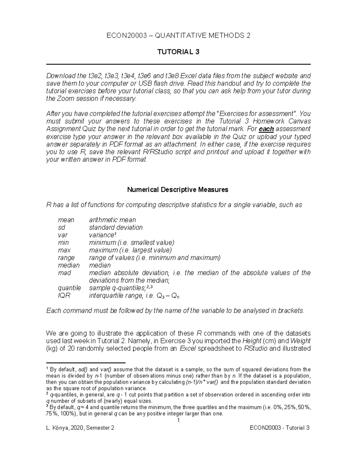 Tutorial 3 Quantitative Methods 2 1 Econ20003 Quantitative Methods 2 Tutorial 3 Download The