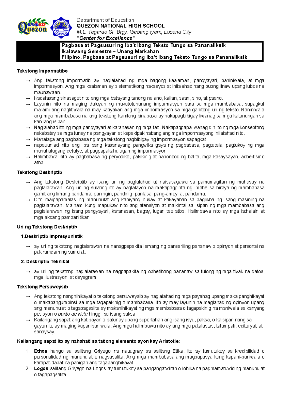 Pagbasa at Pagsusuri ng Iba’t Ibang Teksto Tungo sa Pananaliksik- Week ...