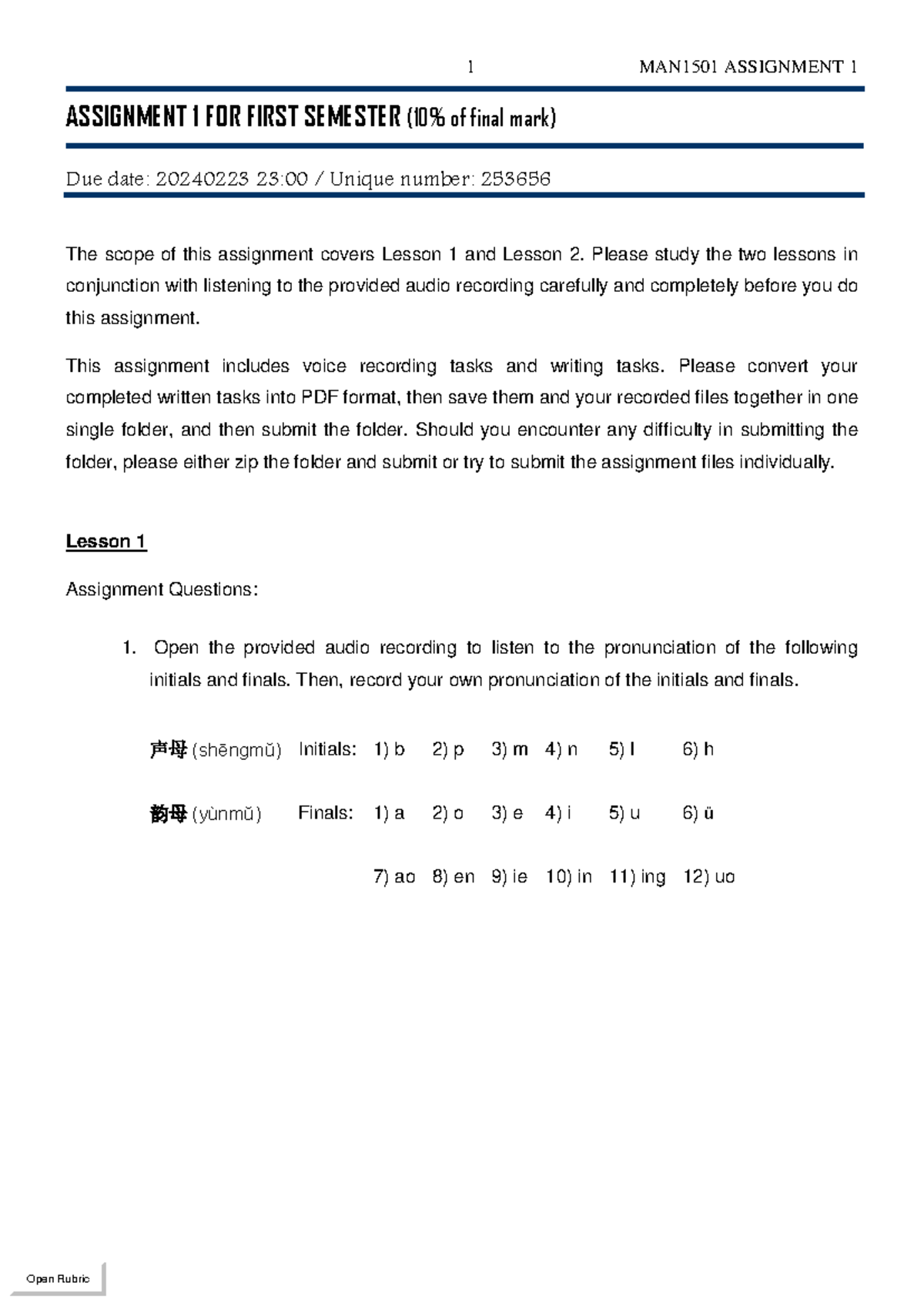(1) MAN1501 Assignment 1 - ASSIGNMENT 1 FOR FIRST SEMESTER ( 10 % of final mark) Due date: 202 ...