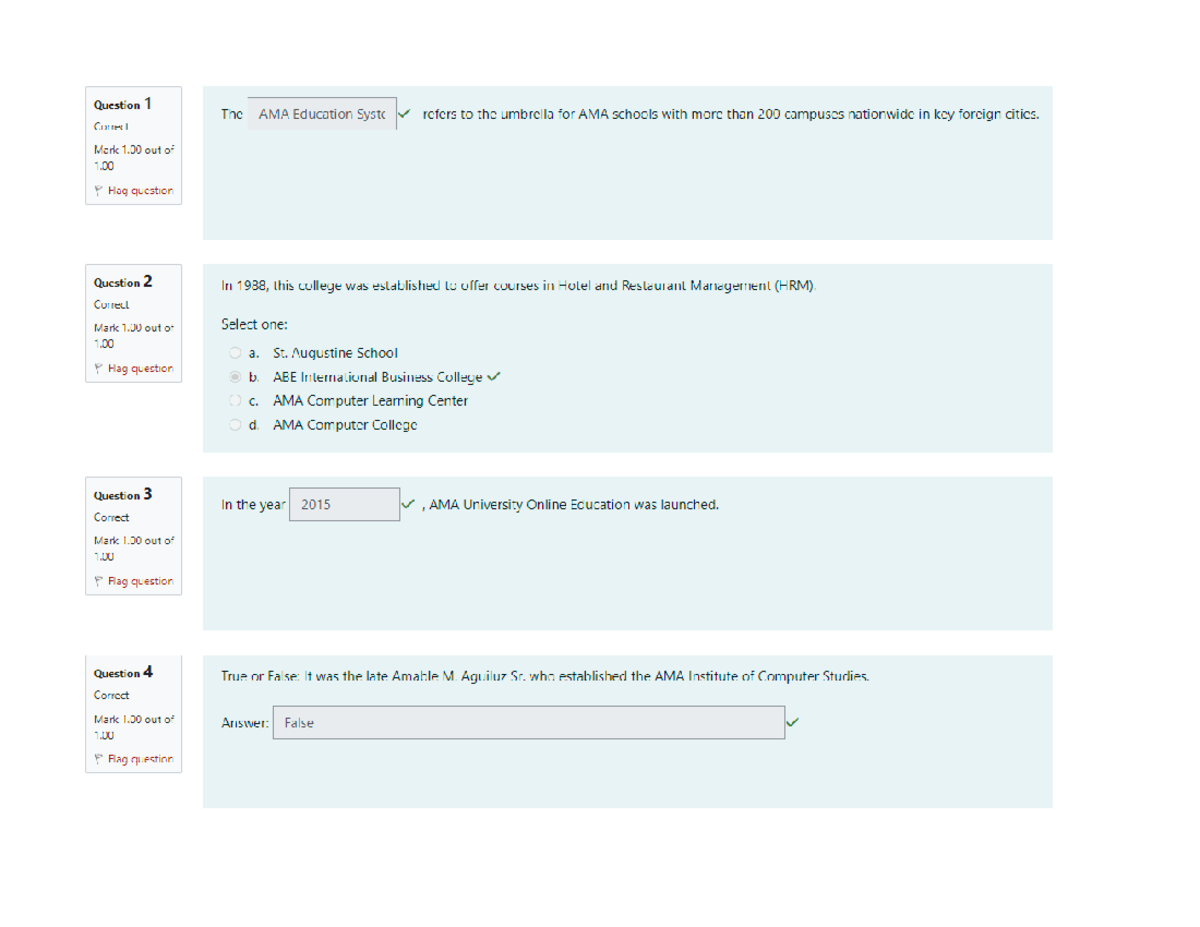 UGRD-ETHNS6101 Euthenics 1 - Prelim QUIZ 1 - Question 1 The AMA Education Syste refers to the ...