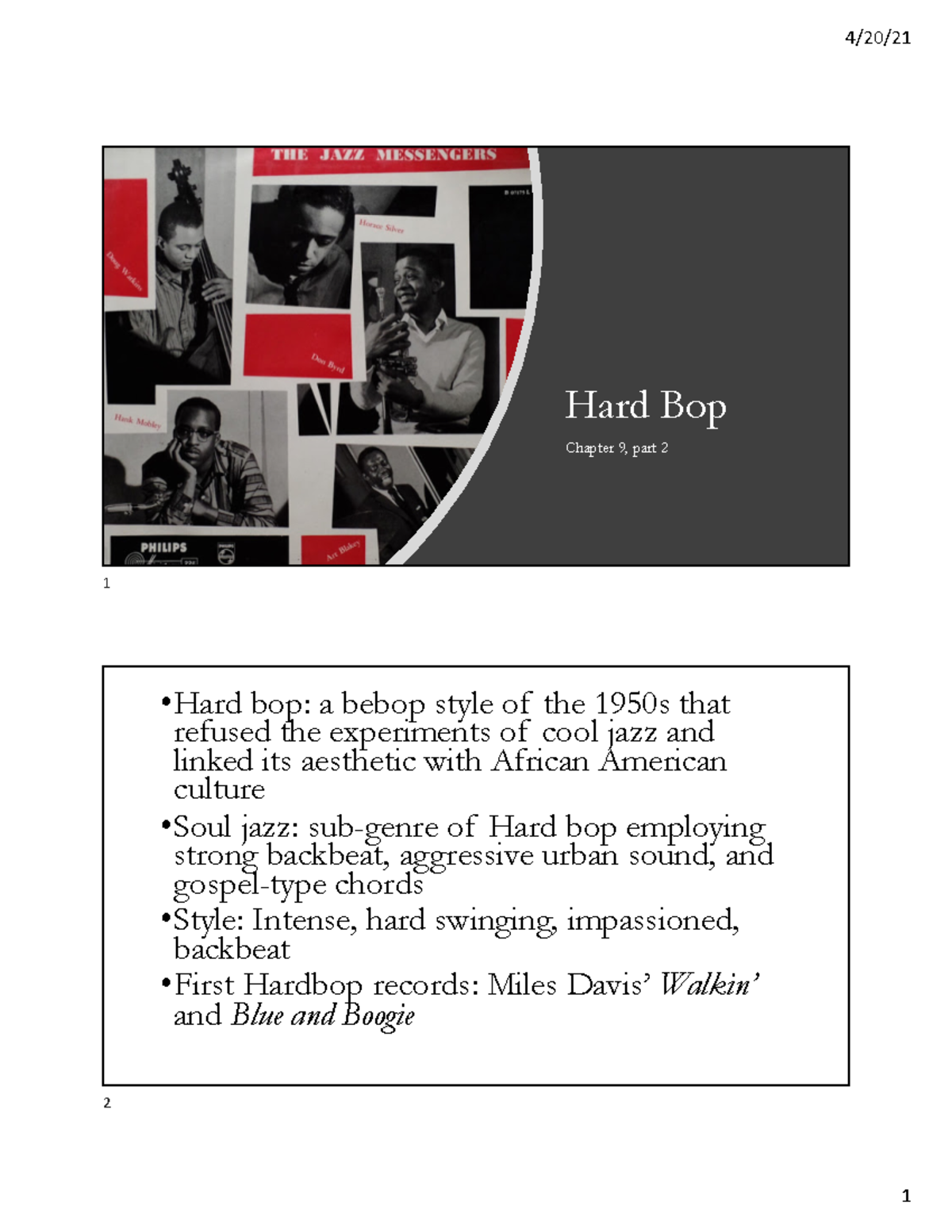 Jazz Appreciation Chpt. 9b slides - Hard Bop Chapter 9, part 2 1 • Hard ...