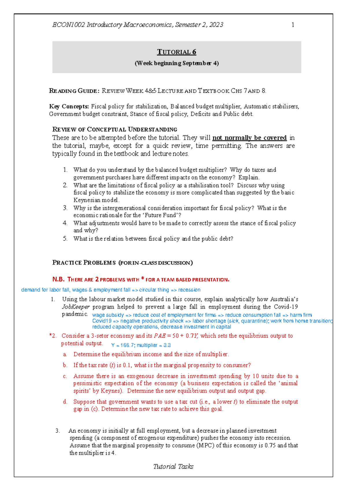 Tutorial Week 6 with notes - ECON1002 Introductory Macroeconomics ...