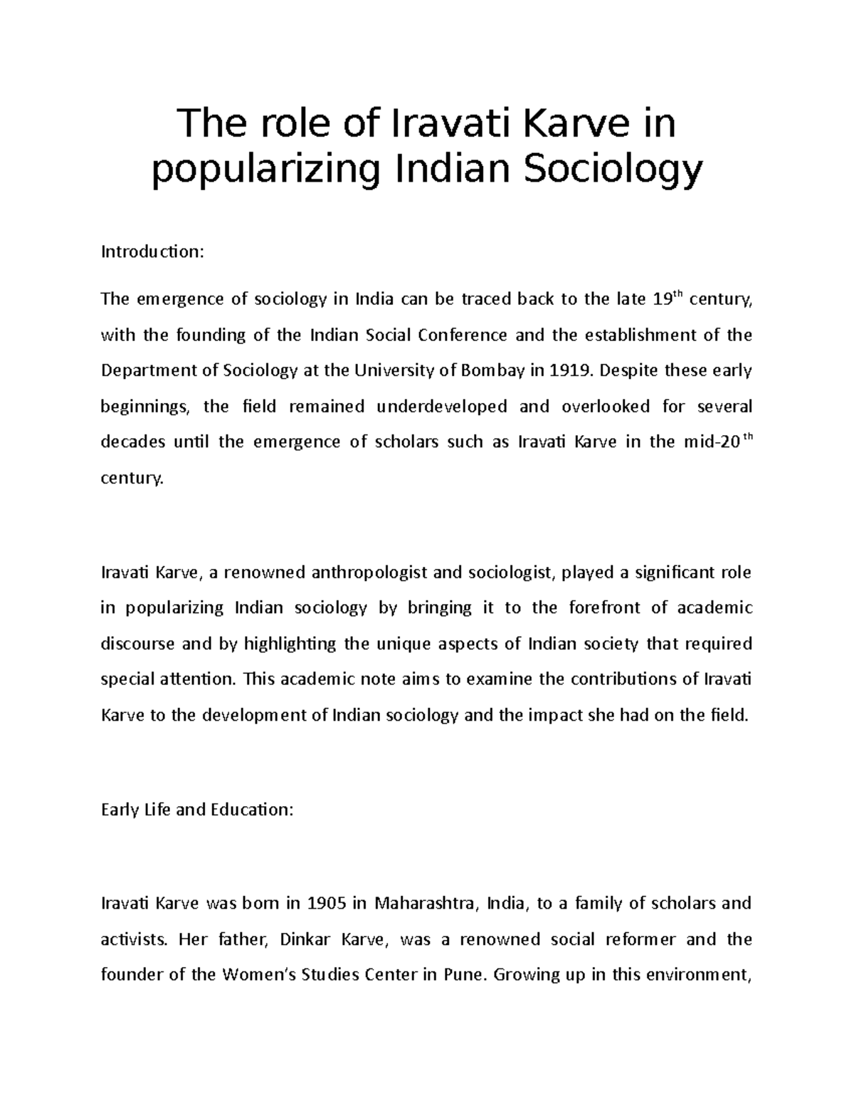 The role of Iravati Karve in popularizing Indian Sociology - The role ...