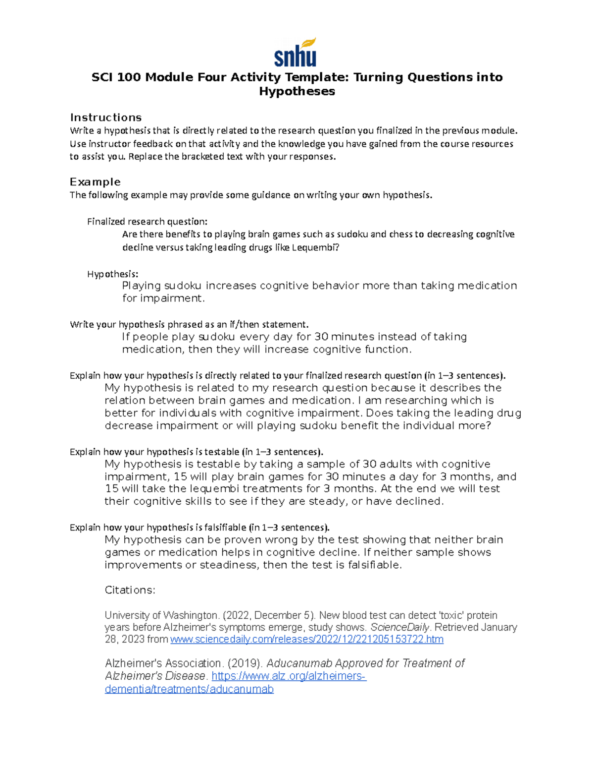 SCI 100 Module Four Activity Template - Use instructor feedback on that ...