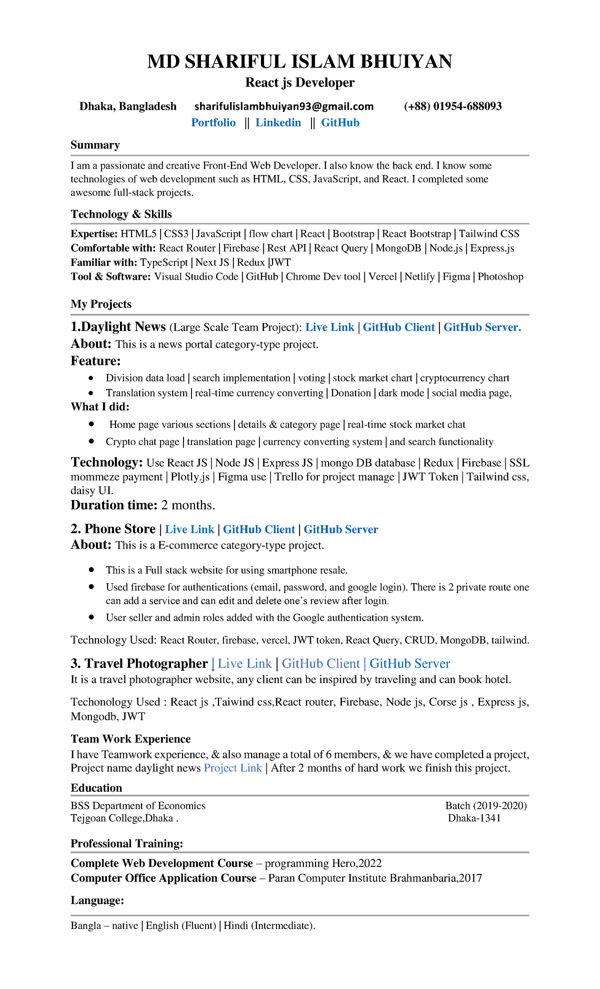 Shariful React JS Resume - MD SHARIFUL ISLAM BHUIYAN React js Developer ...