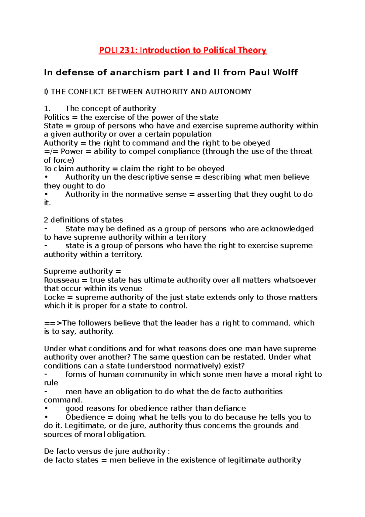 POLI 231 - Lecture Notes - POLI 231: Introduction to Political Theory ...