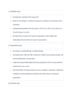 Logic notes - Logic is the study of reasoning and argumentation. It ...