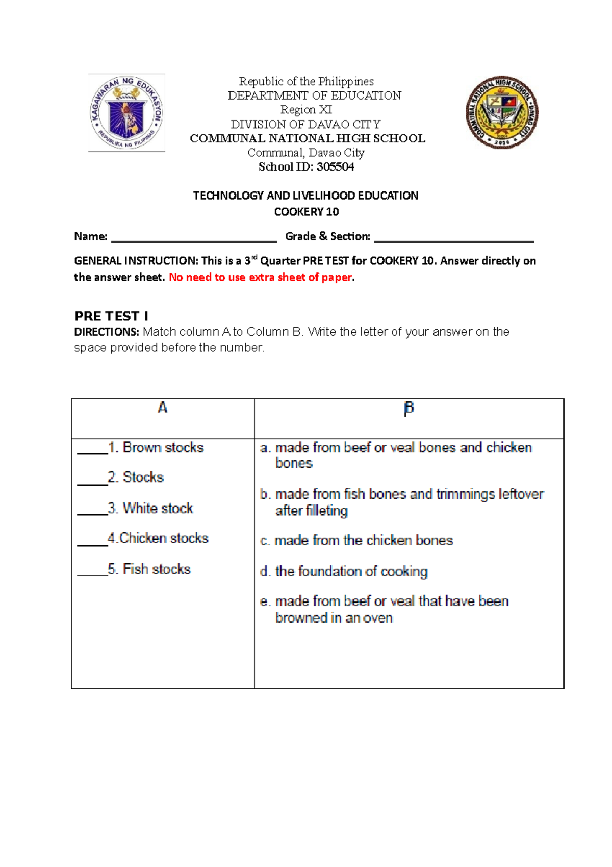 3rd Quarter Pre Test (Cookery 10) - Republic of the Philippines ...