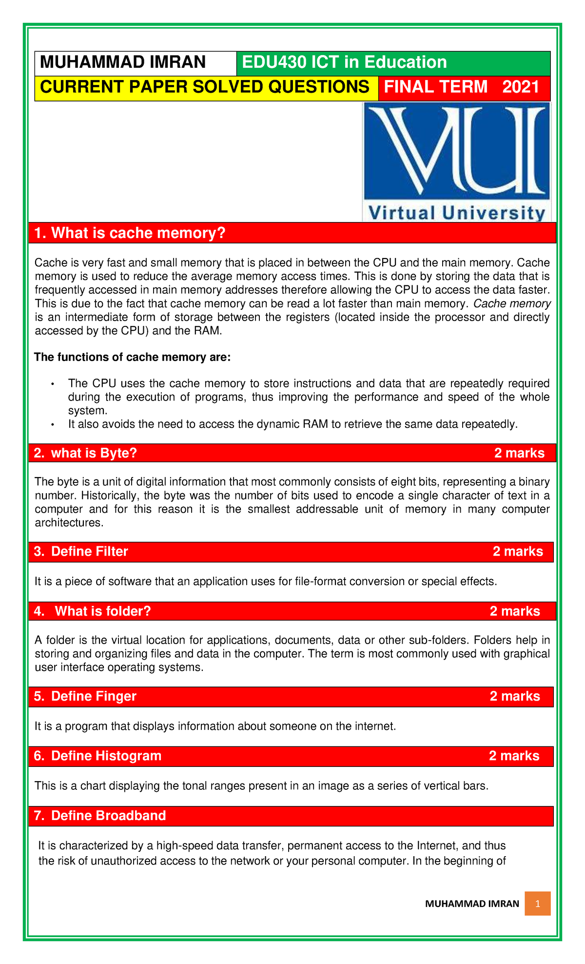 EDU430 Current Finals Solved - MUHAMMAD IMRAN EDU430 ICT in Education CURRENT PAPER SOLVED ...
