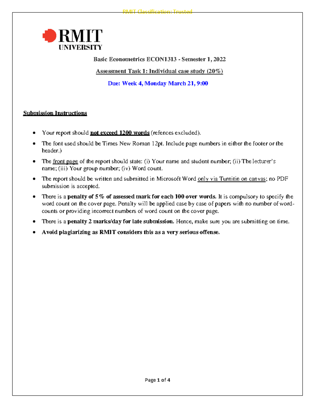 Assessment #1 - Basic Econometrics ECON1313 - Semester 1, 2022 Assessment Task 1: Individual ...