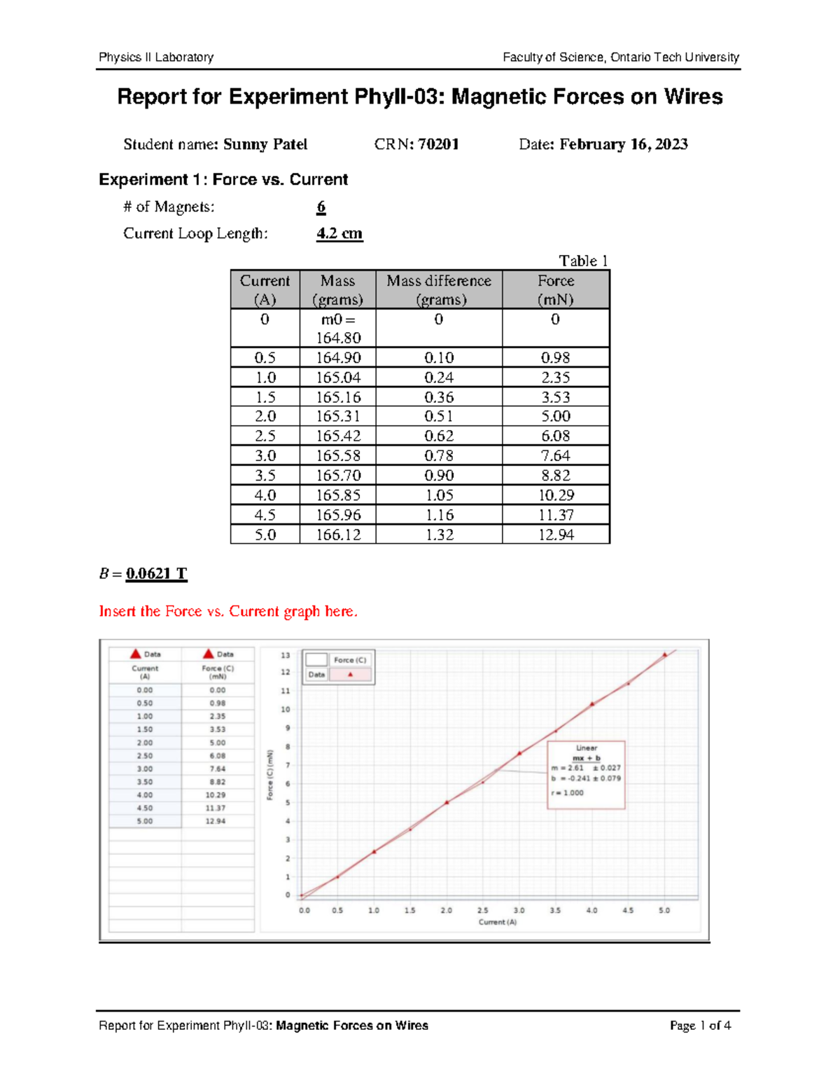 Report Magnetic Forces - Lab #3 - Sunny Patel - Report for Experiment ...