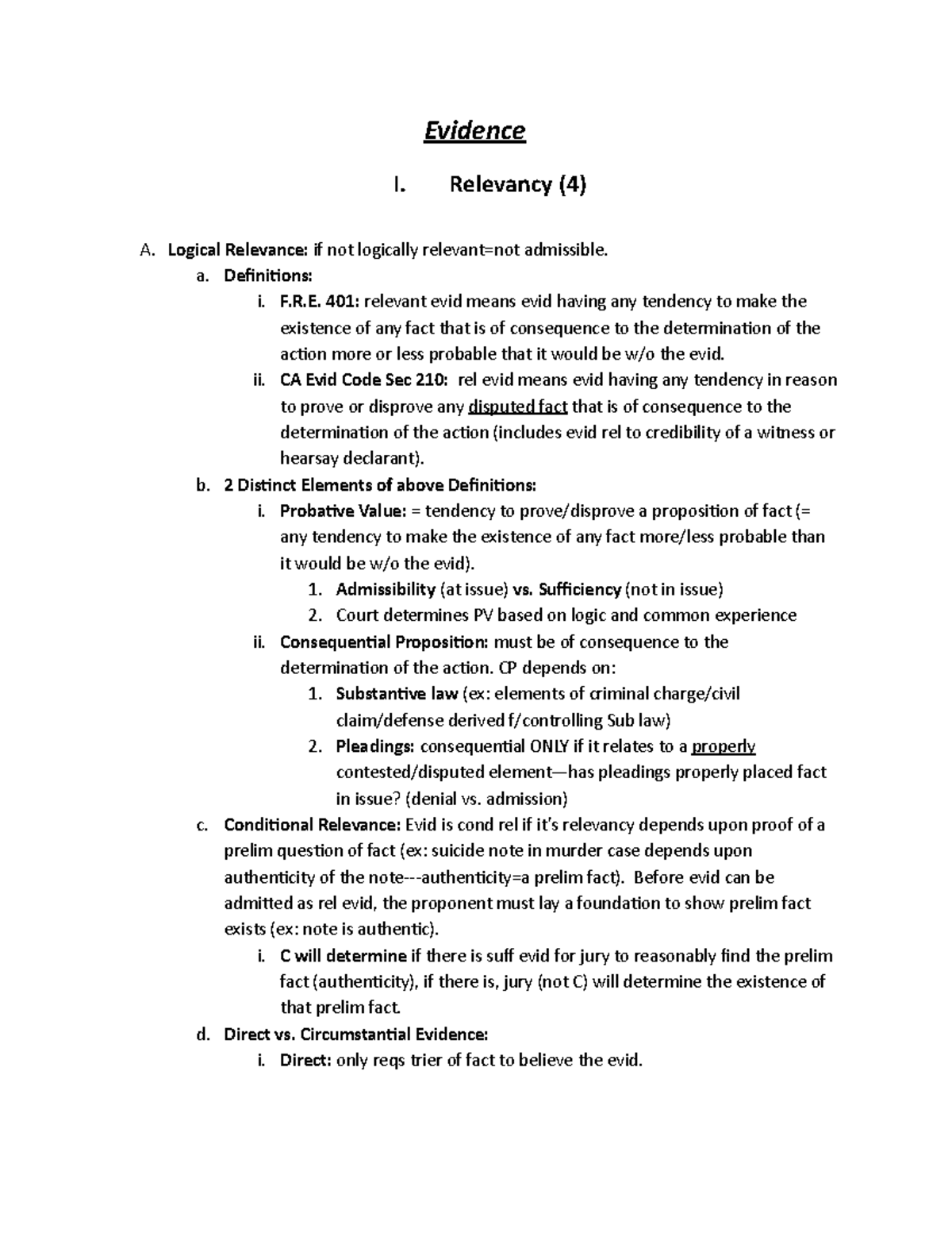 Evidence Long Outline - Evidence I. Relevancy (4) A. Logical Relevance ...
