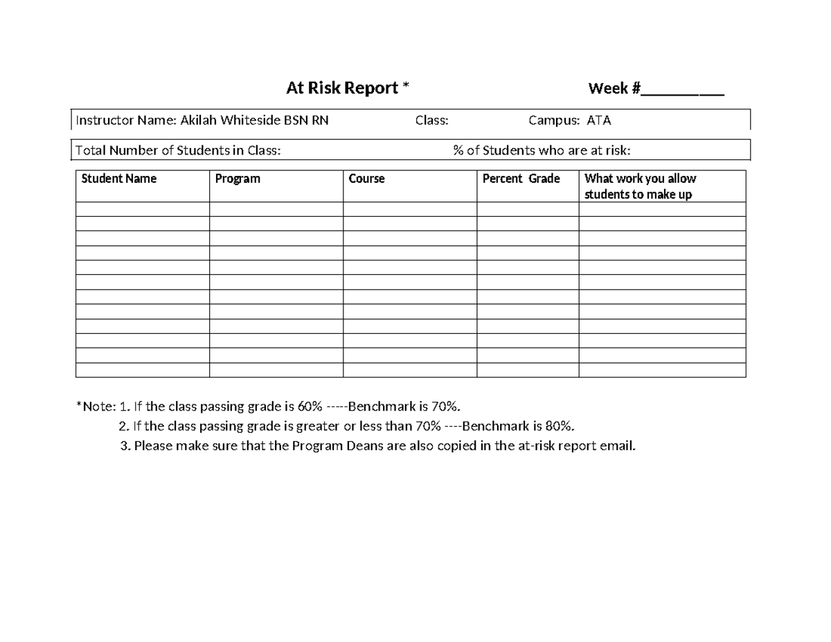 At Risk Report Blank - At Risk Report * Week #__________ Instructor ...