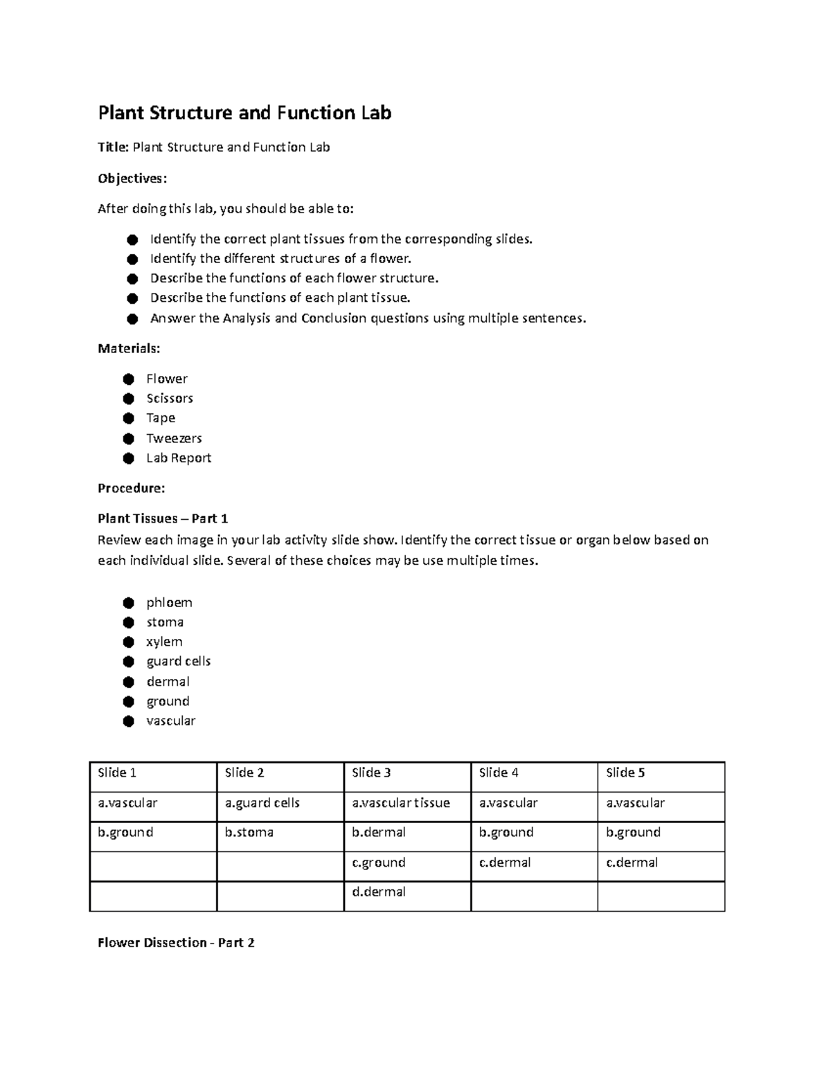 Virtual plants lab report - Plant Structure and Function Lab Title ...