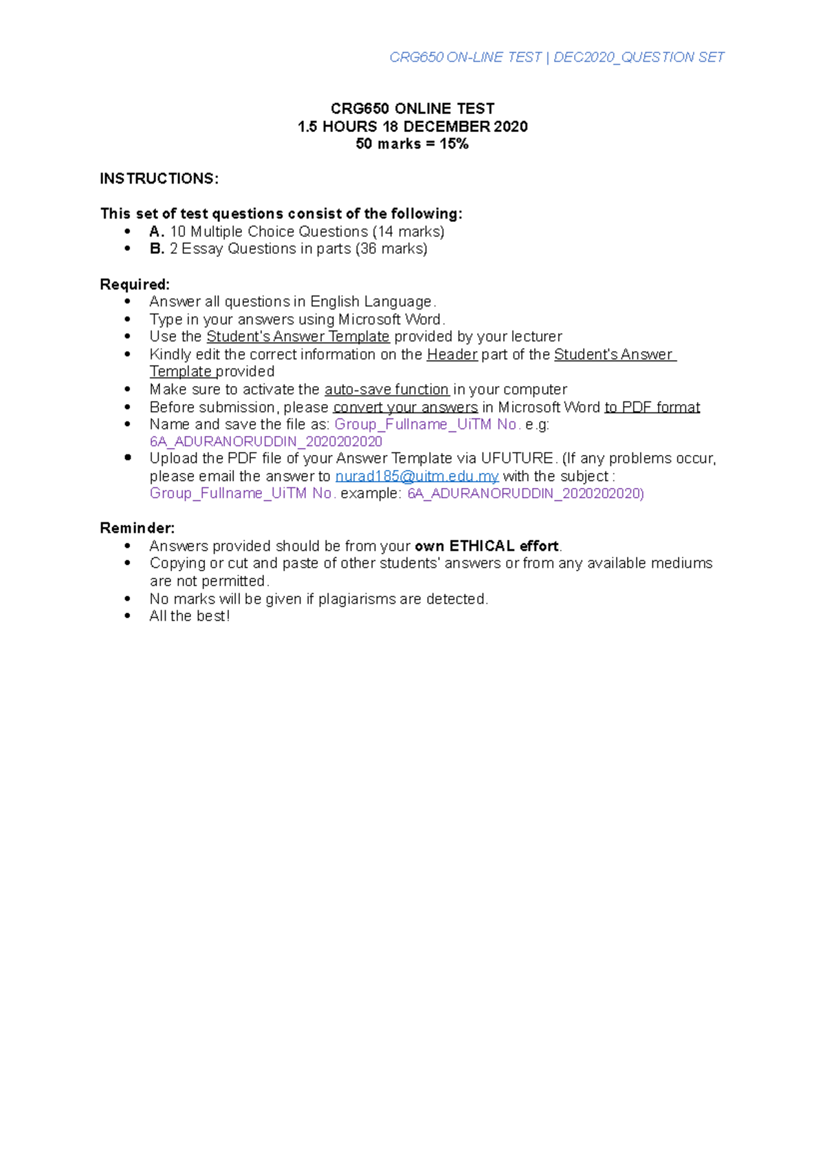 CRG650 Test QDec 2020 - SAMPLE TEST QUESTION STUDENT - CRG650 ON-LINE ...